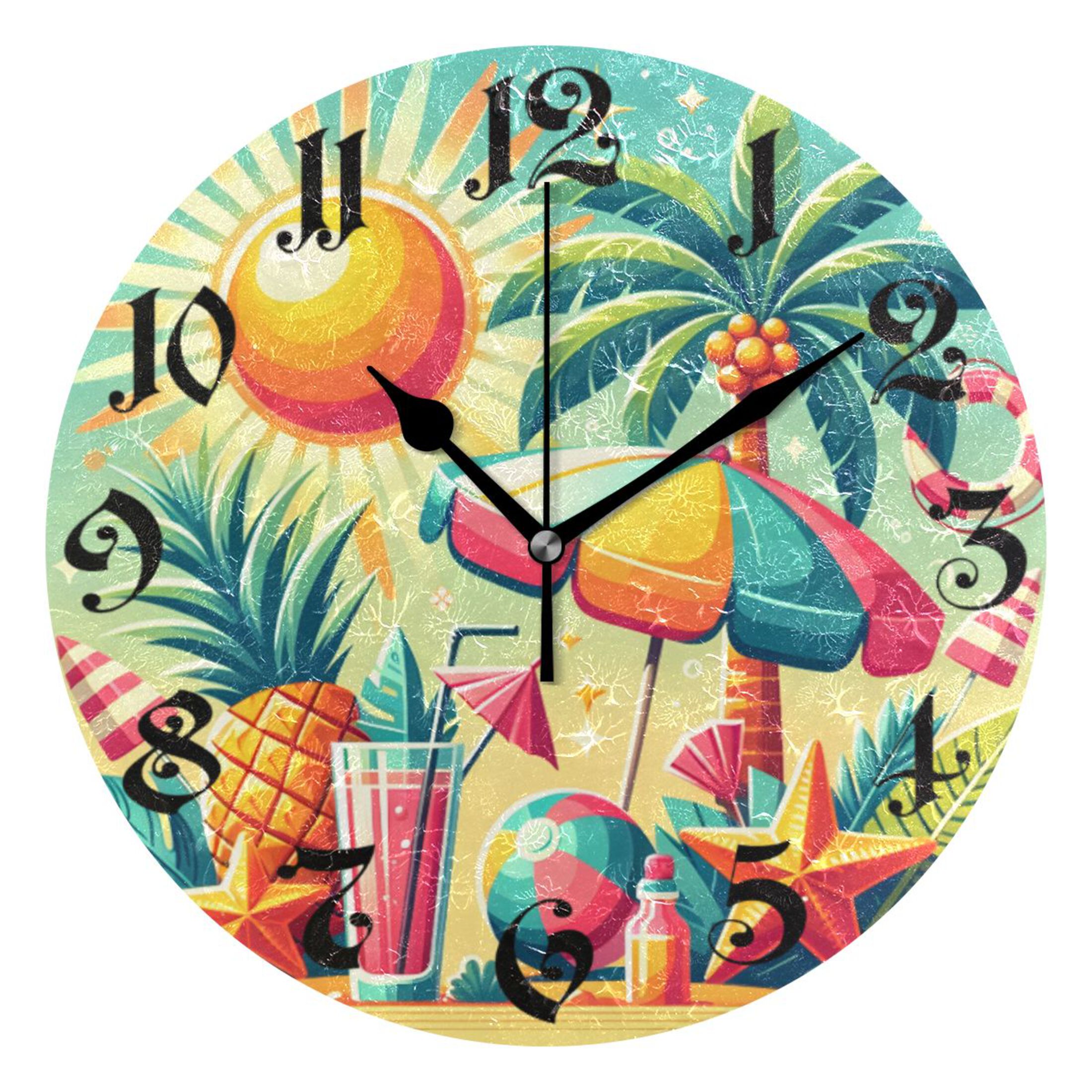 Silent Wall Clock Palm Tree in Summer 10" Non-Ticking Battery Clock ...