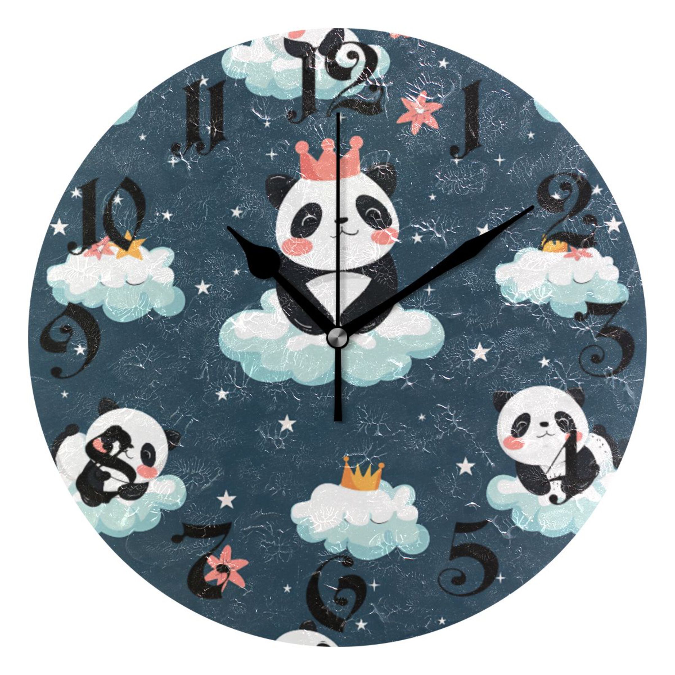 Silent Wall Clock Pandas with Crown on Cloud 10" Non-Ticking Battery ...