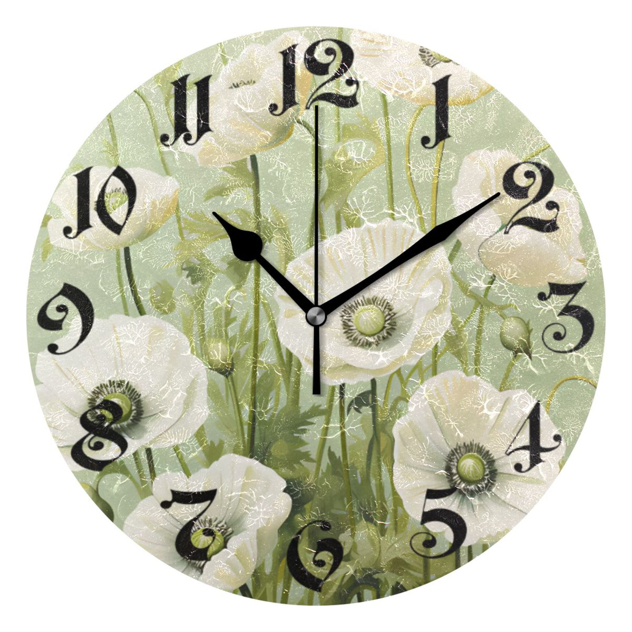 Silent Wall Clock Poppy Flowers 10" Non-Ticking Battery Clock Rustic ...