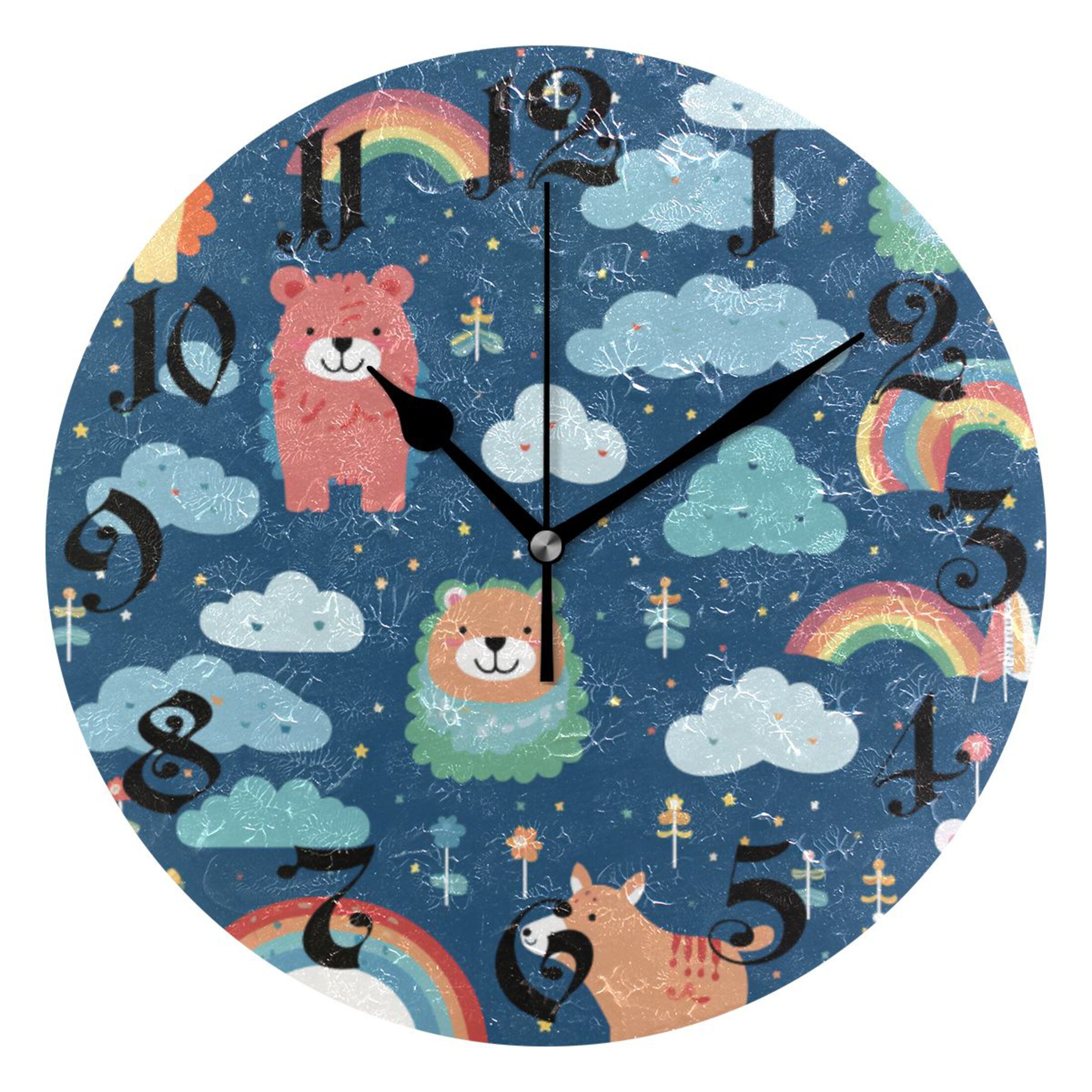 Silent Wall Clock Rainbow Bears Cloud 10" Non-Ticking Battery Clock ...