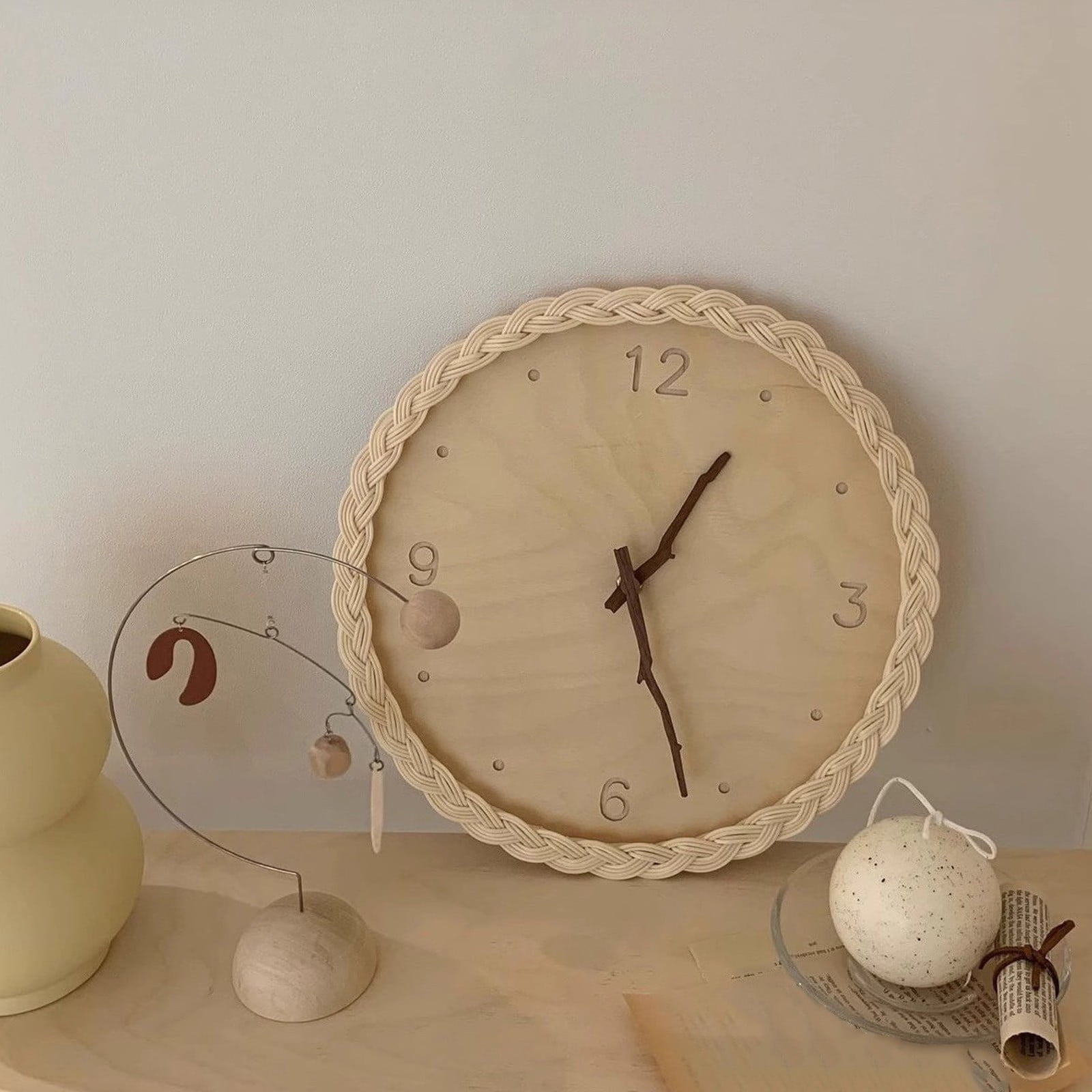 Silent Wall Clock | Round Wood Rattan Style | Digital Analog Decor ...