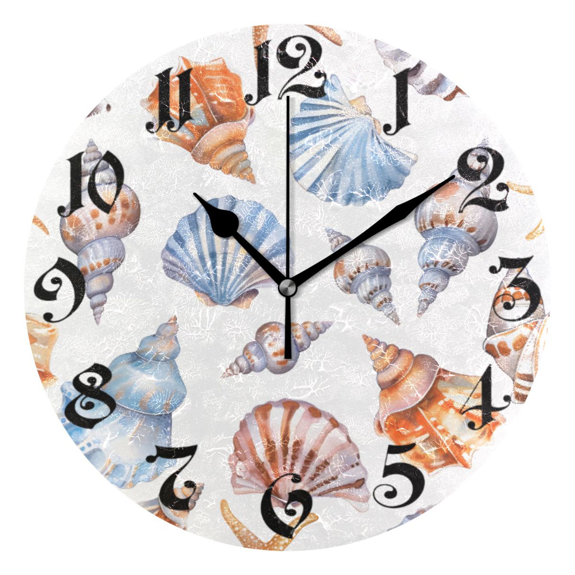 Silent Wall Clock Sea Shell Coach 10" Non-Ticking Battery Clock Rustic ...