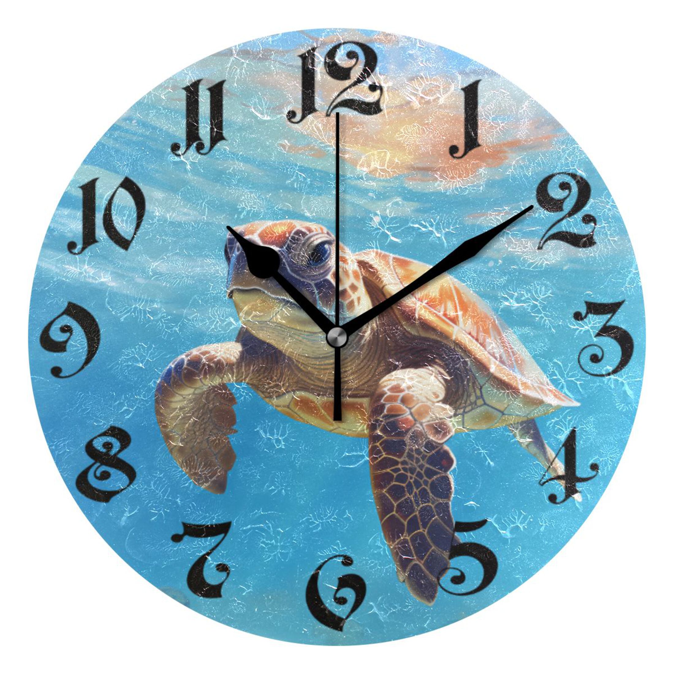 Silent Wall Clock Sea Turtle Swim in Sea 10" Non-Ticking Battery Clock ...