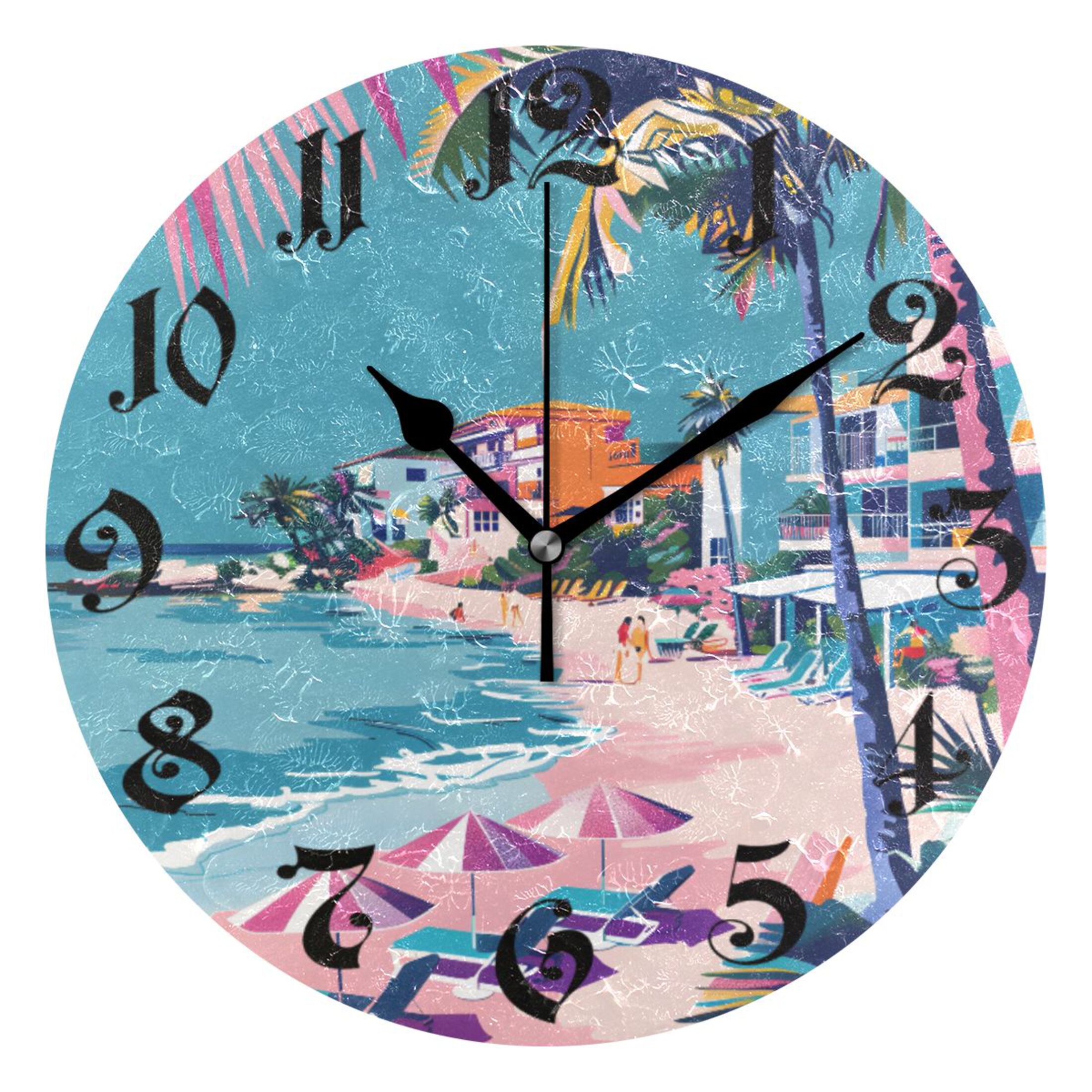 Silent Wall Clock Seaside Scenery 10" Non-Ticking Battery Clock Rustic ...