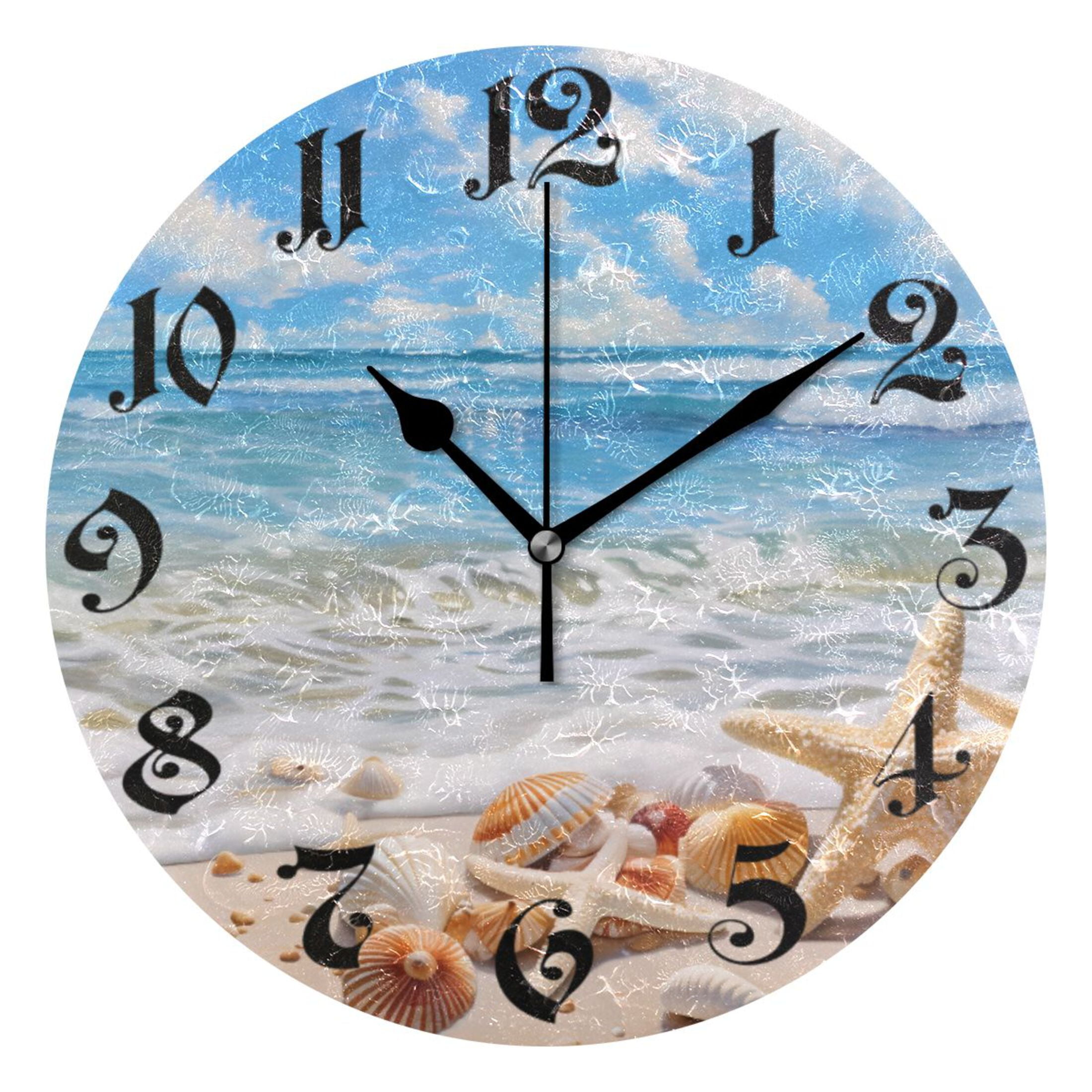 Silent Wall Clock Seastar Seashell on Beach 10" Non-Ticking Battery ...