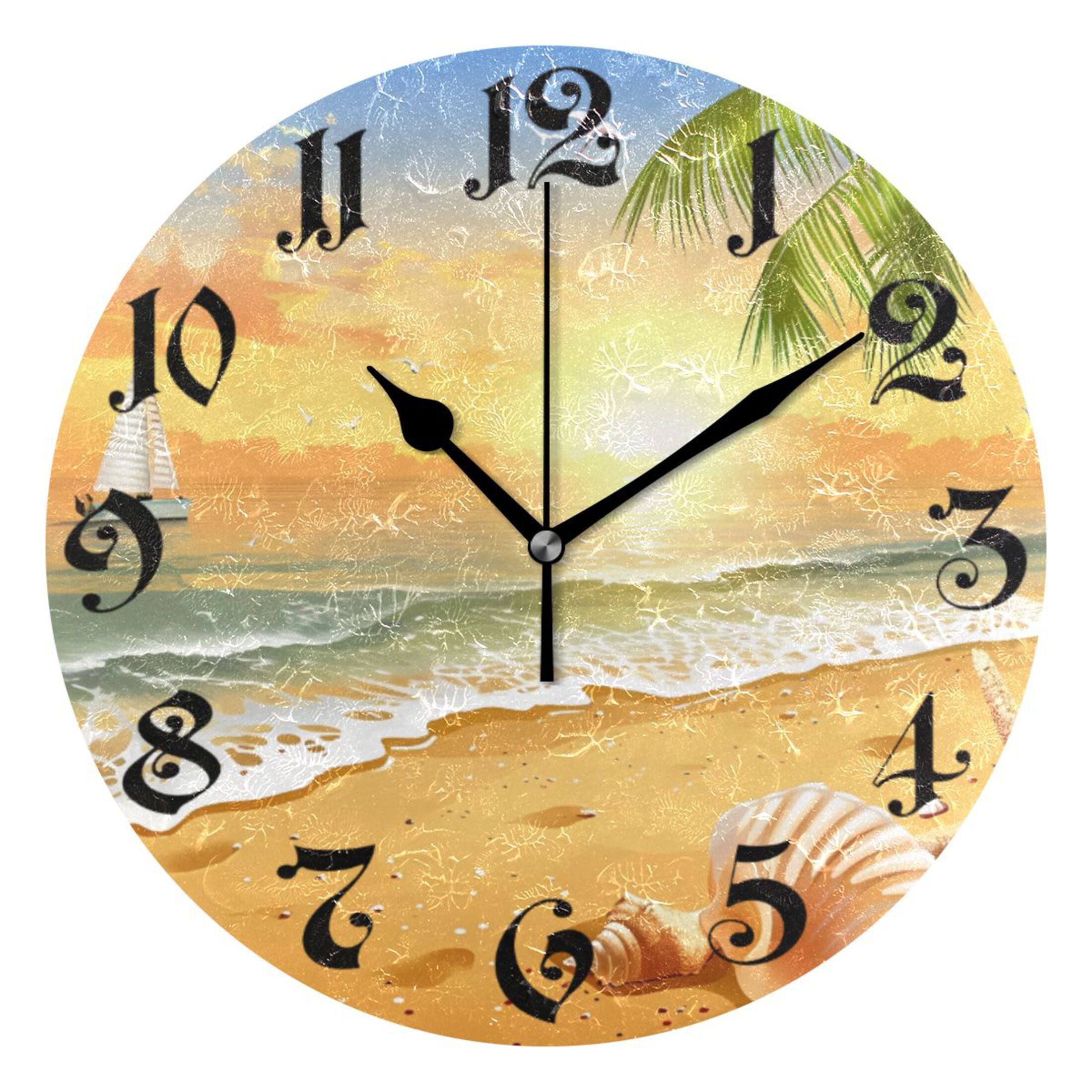 Silent Wall Clock Seastar Seashell with Sunset 10" Non-Ticking Battery ...