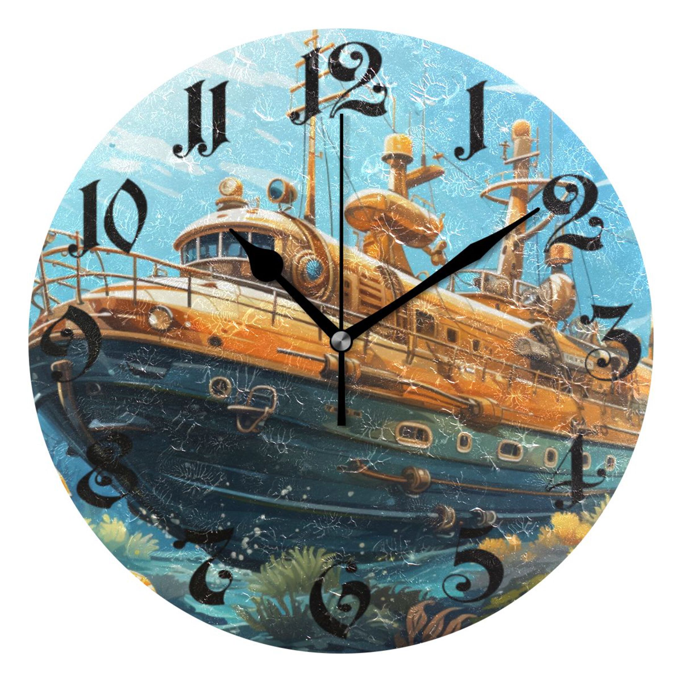 Silent Wall Clock Ship in Sea 10" Non-Ticking Battery Clock Rustic ...