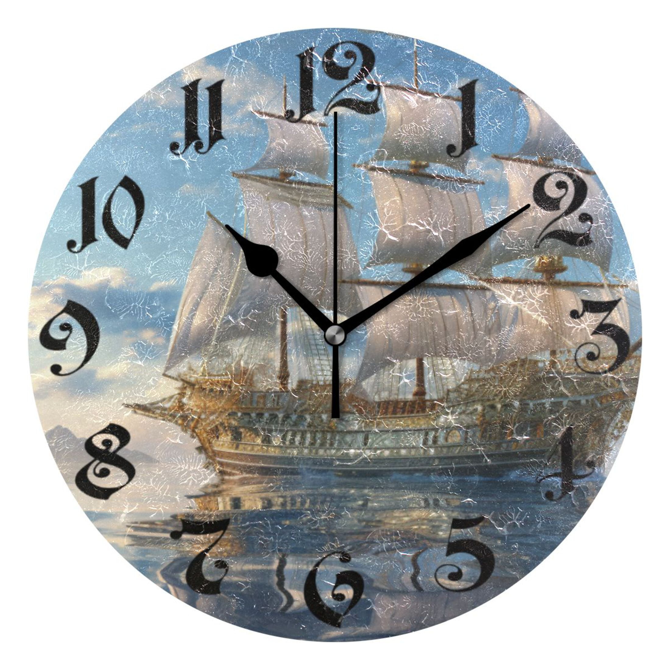 Silent Wall Clock Ship on Sea 10" Non-Ticking Battery Clock Rustic ...