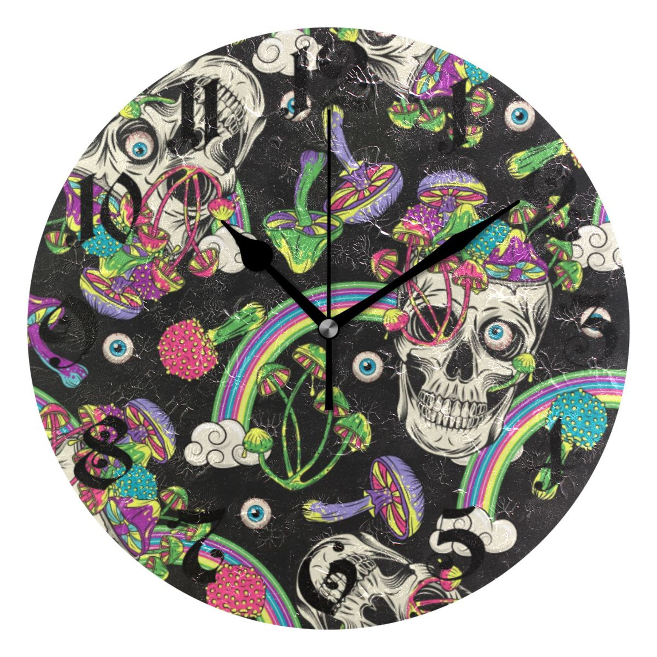 Silent Wall Clock Skulls and Mushrooms 10" Non-Ticking Battery Clock ...