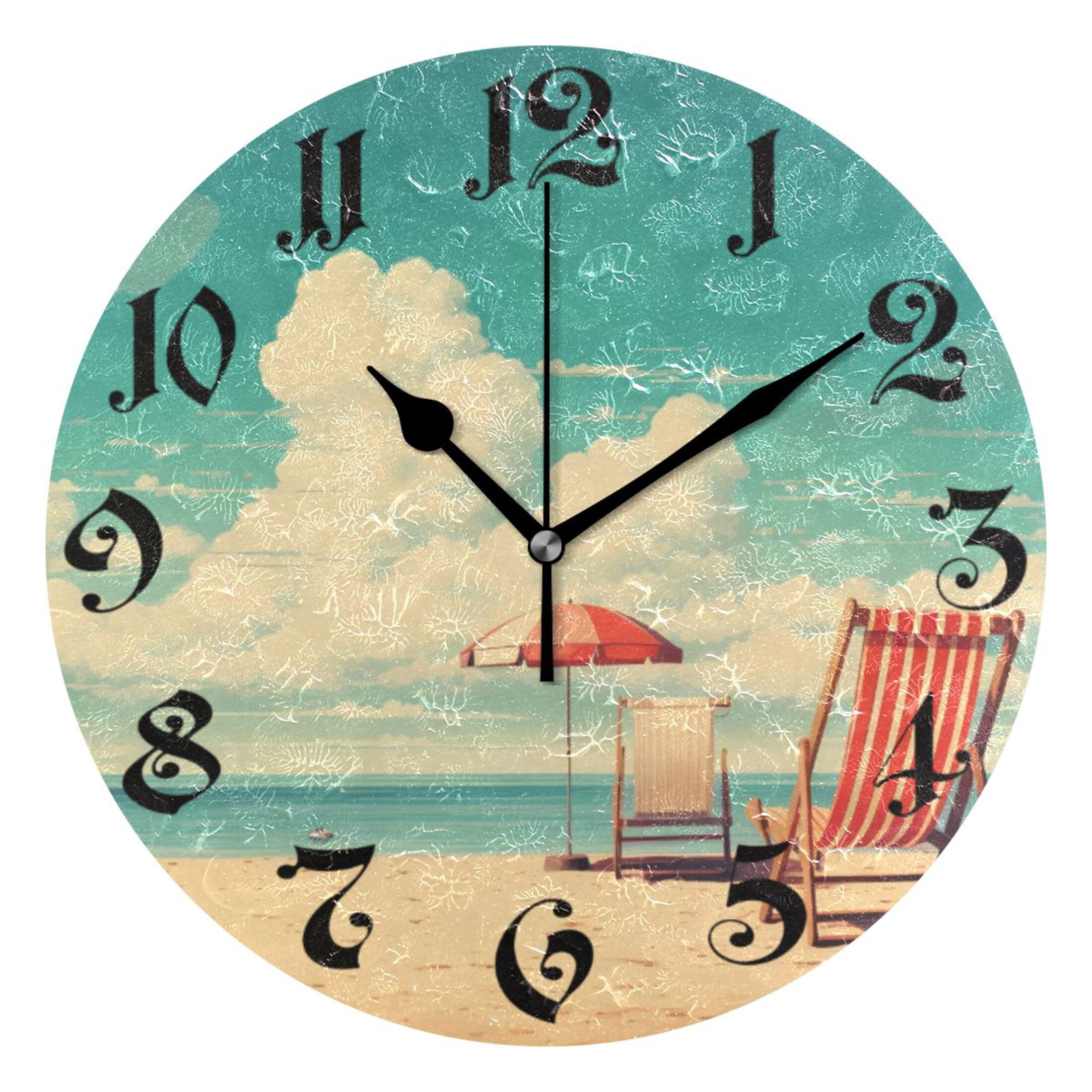 Silent Wall Clock Summer Beach 10" Non-Ticking Battery Clock Rustic ...