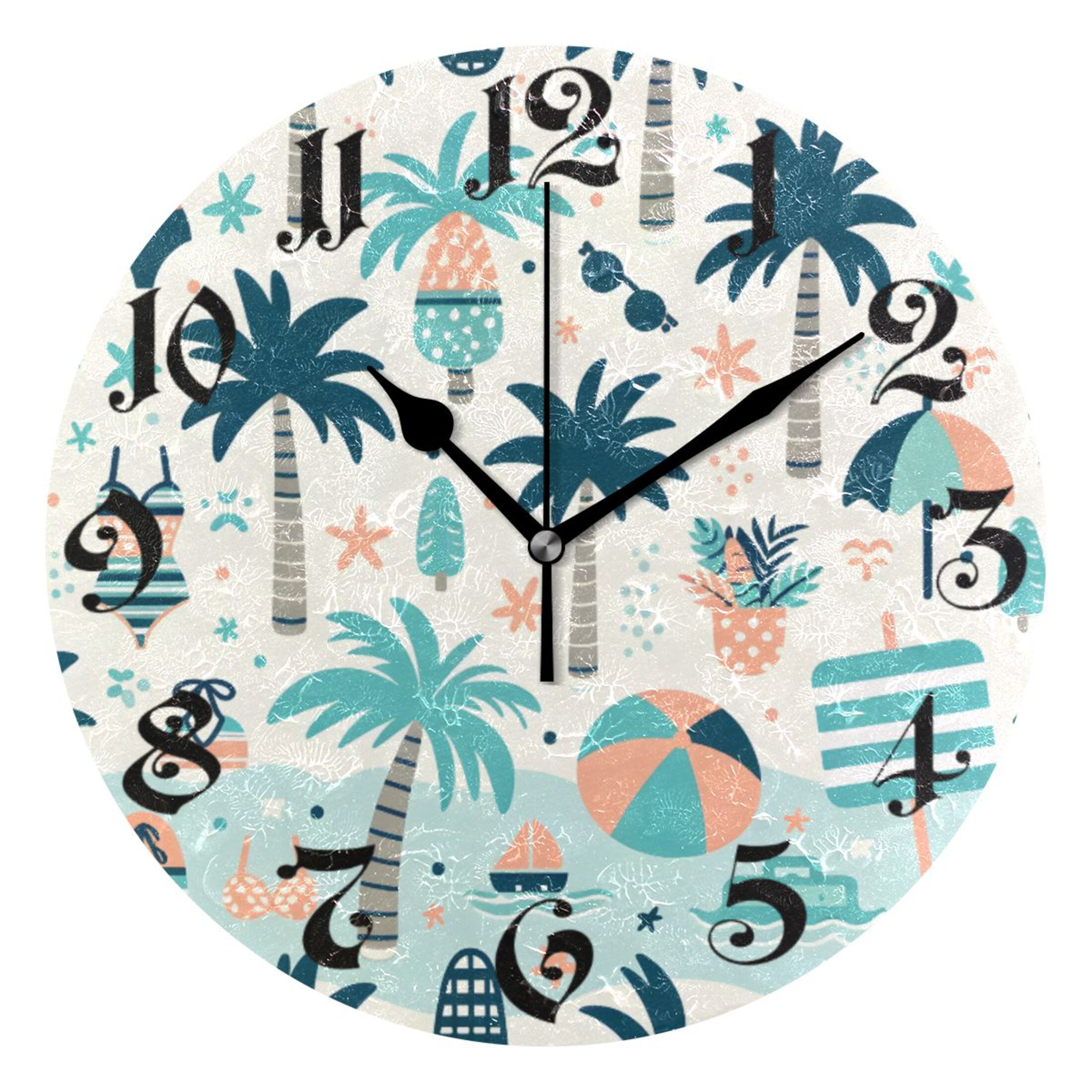 Silent Wall Clock Summer Coconut Tree 10" Non-Ticking Battery Clock ...