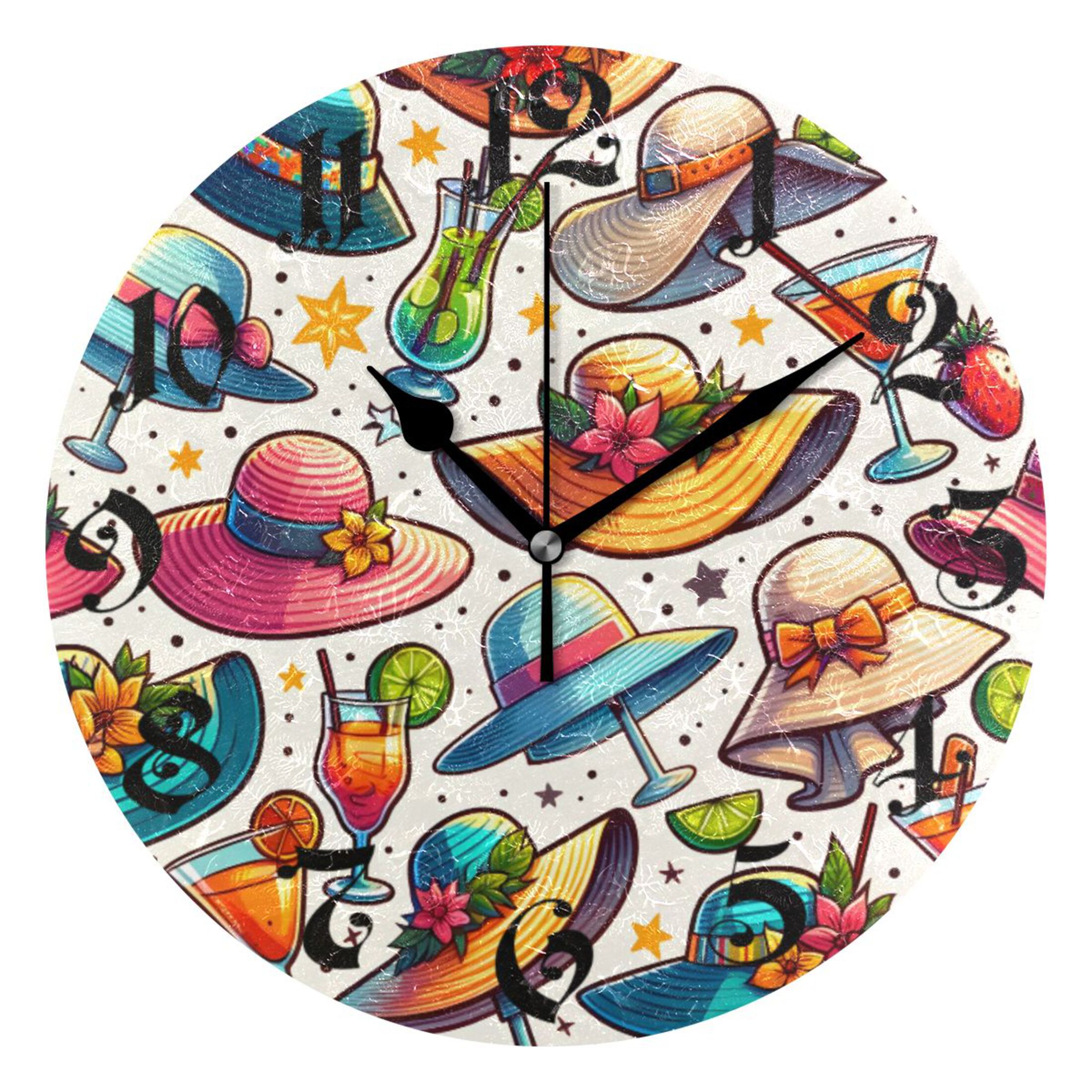 Silent Wall Clock Summer Hats Pattern 10" Non-Ticking Battery Clock ...
