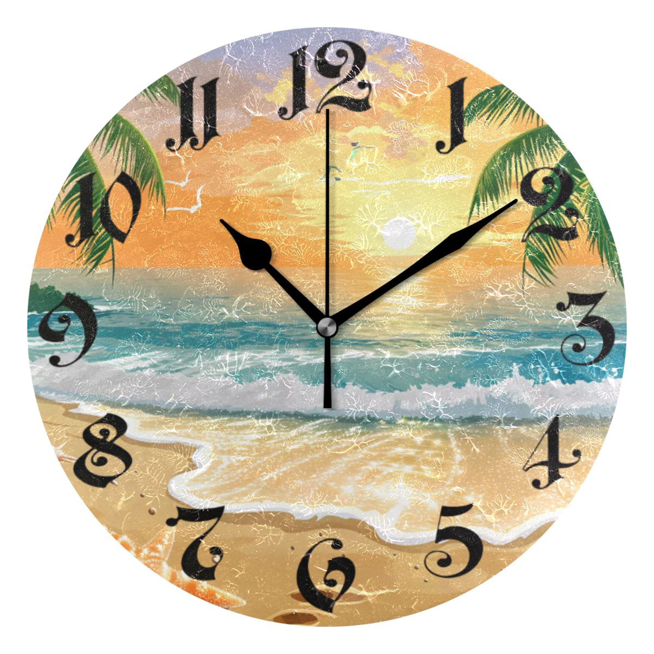 Silent Wall Clock Sunset Palm Tree and Beach 10" Non-Ticking Battery ...
