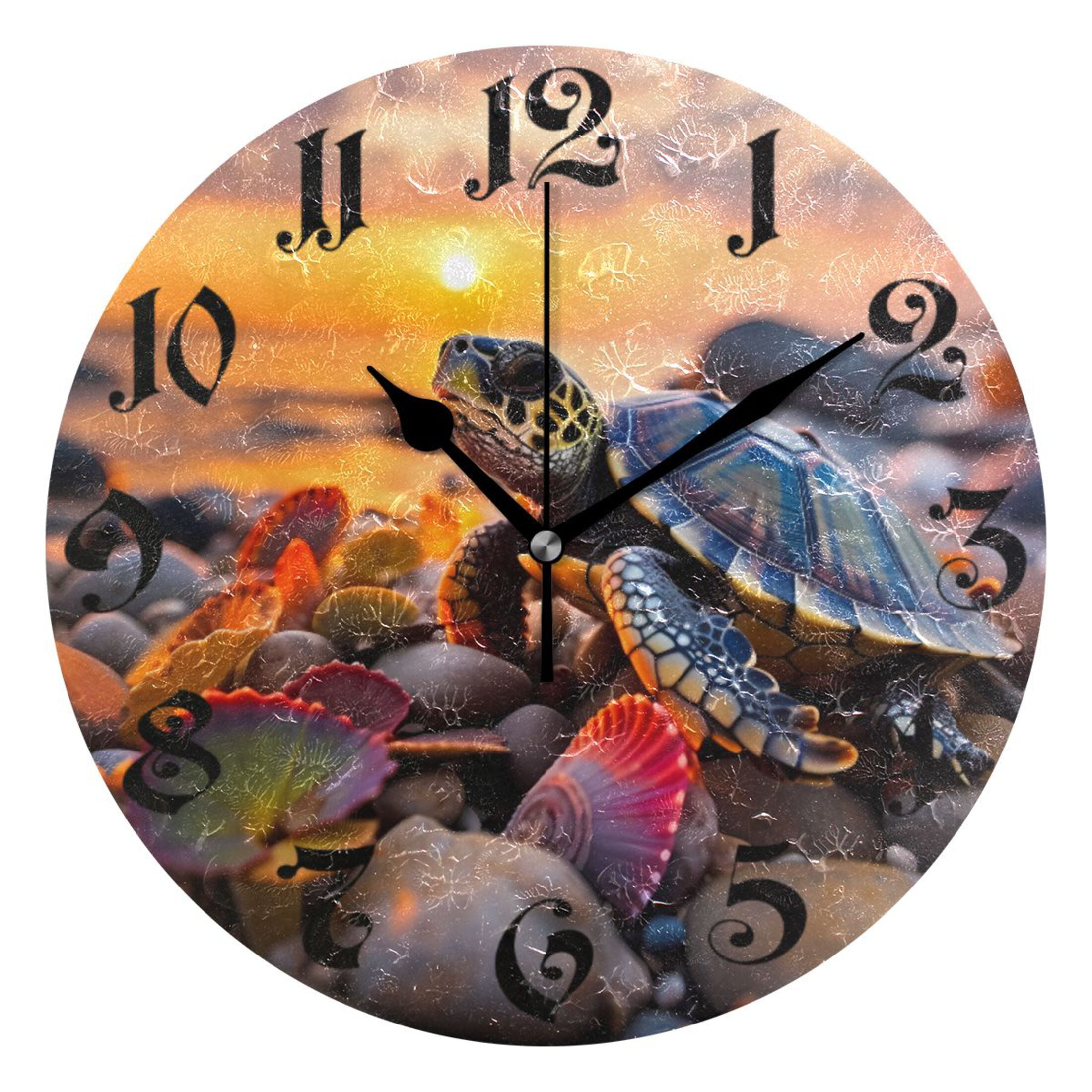 Silent Wall Clock Turtle with Sunset 10" Non-Ticking Battery Clock ...
