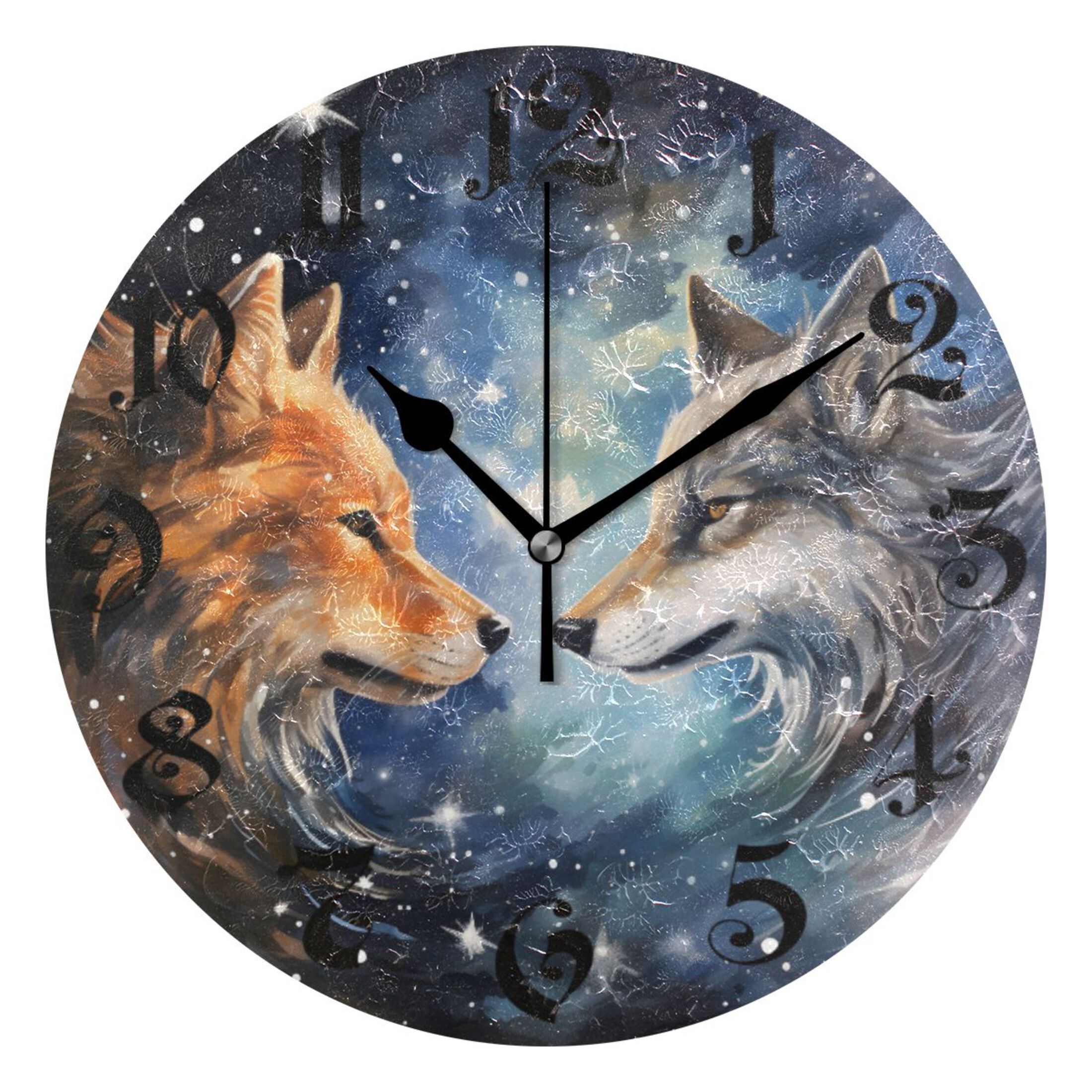 Silent Wall Clock Two Wolf in Starry Sky 10" Non-Ticking Battery Clock ...