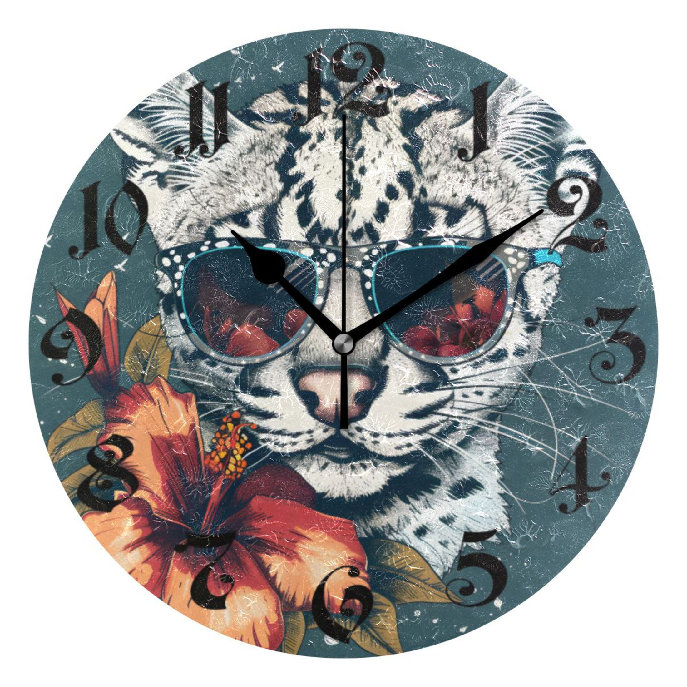 Silent Wall Clock Wild Cat with Exotic Flower 10" Non-Ticking Battery ...