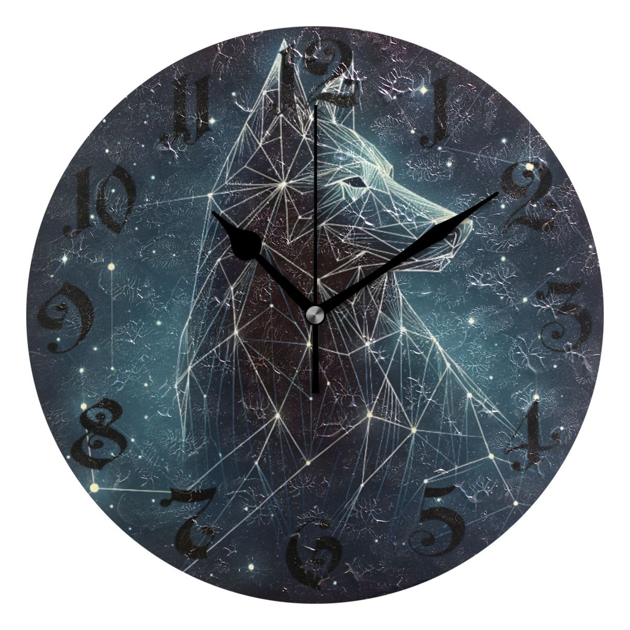 Silent Wall Clock Wolf and Starry 10" Non-Ticking Battery Clock Rustic ...