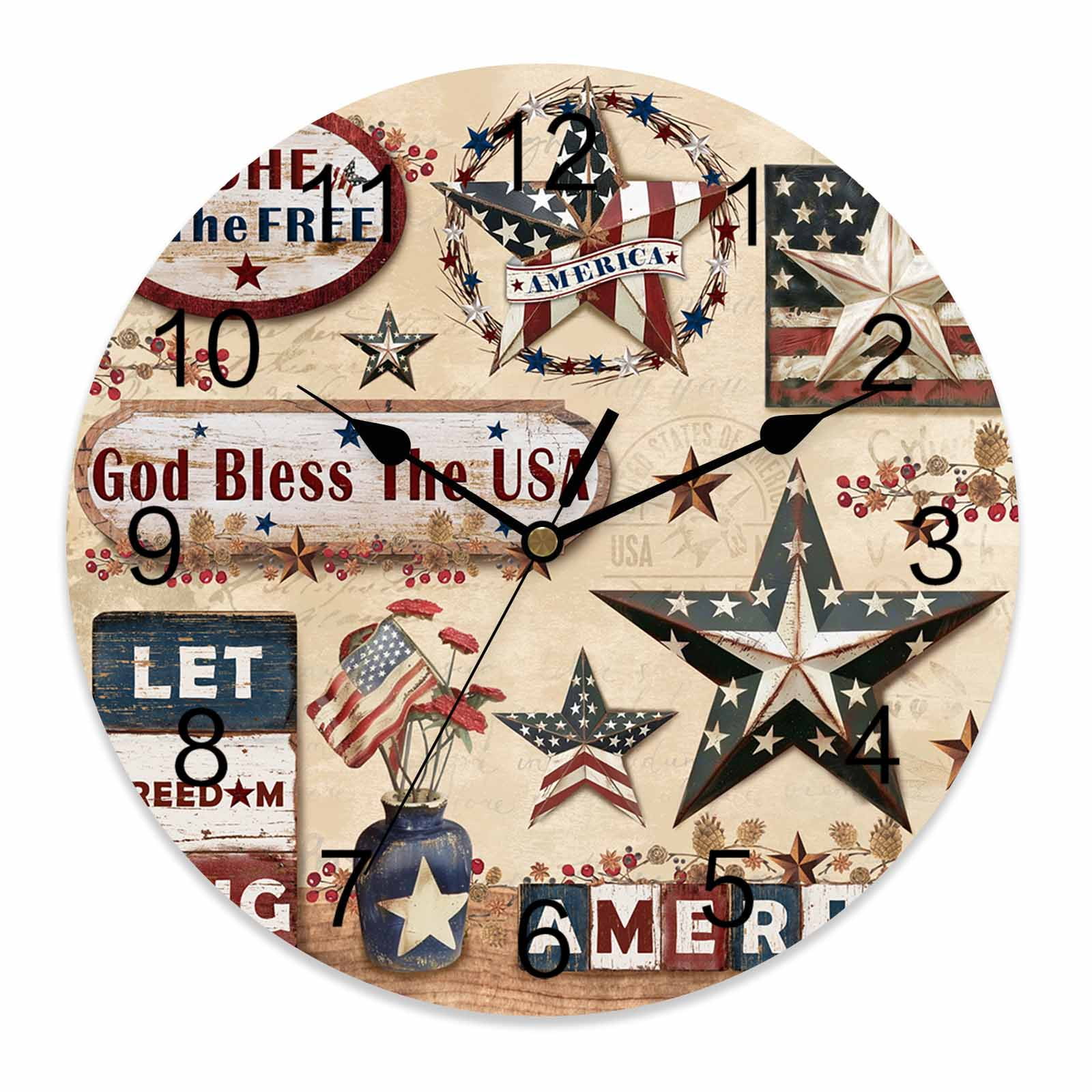 Silent Wall Clocks Battery Operated, 4th of July Round Decorative Wall ...