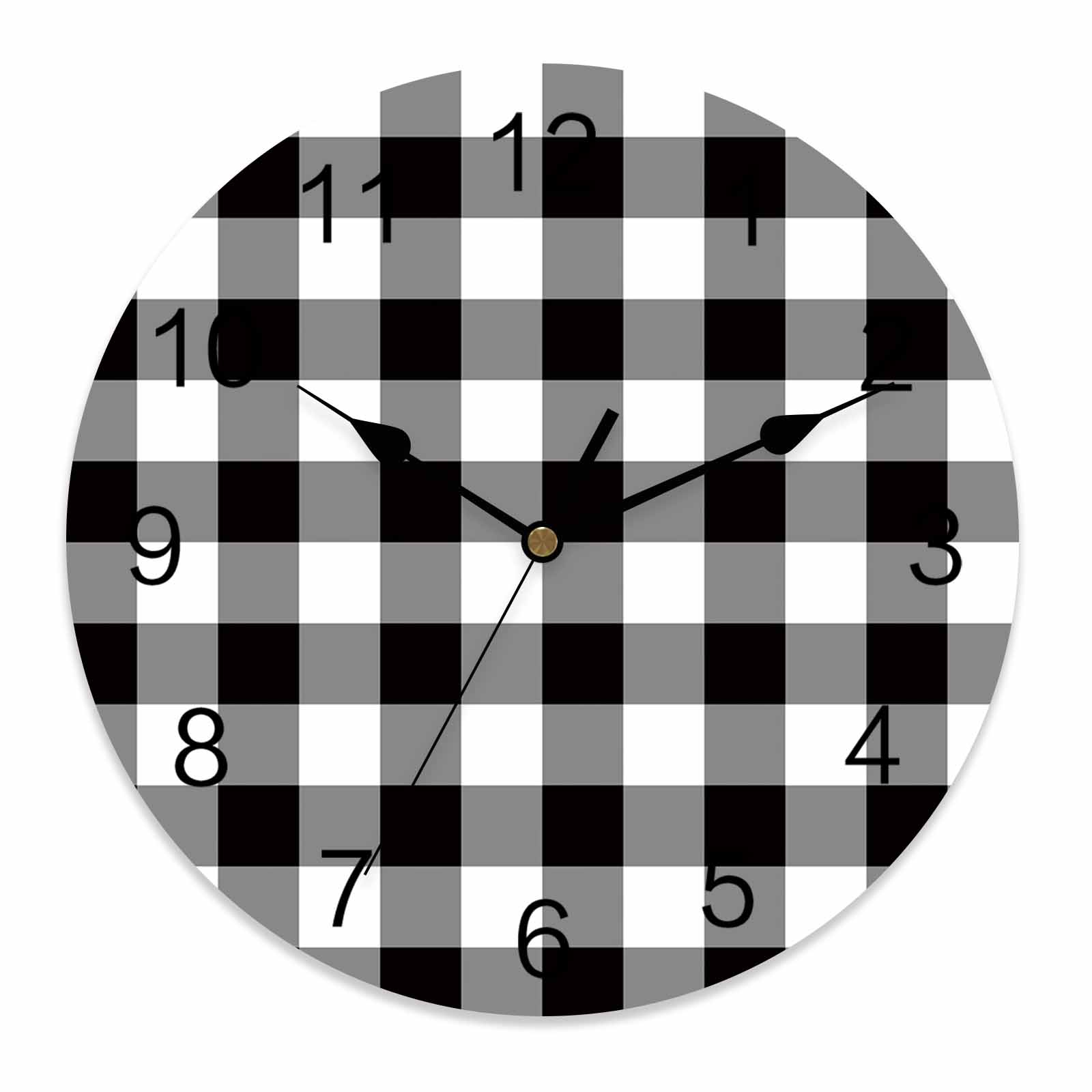 Silent Wall Clocks Battery Operated, Black White Checkered Plaid Round ...