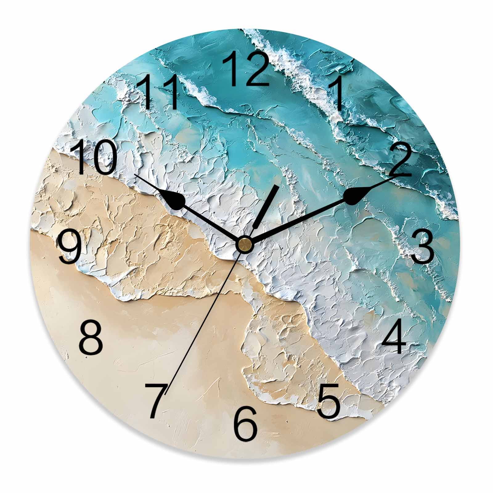 Silent Wall Clocks Battery Operated, Blue Beach Ocean Round Decorative ...