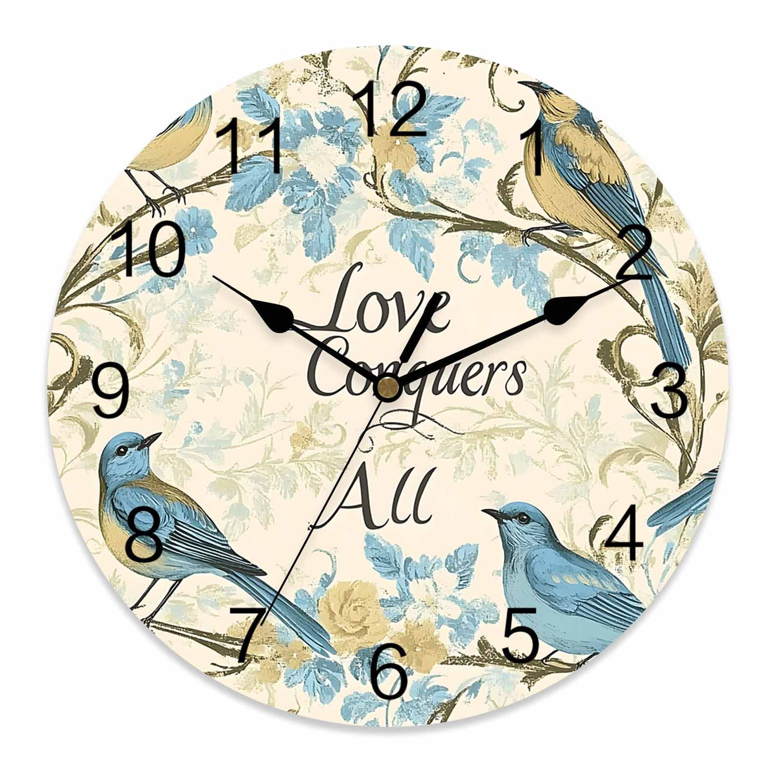 Silent Wall Clocks Battery Operated, Blue Birds Yellow Flowers Round ...