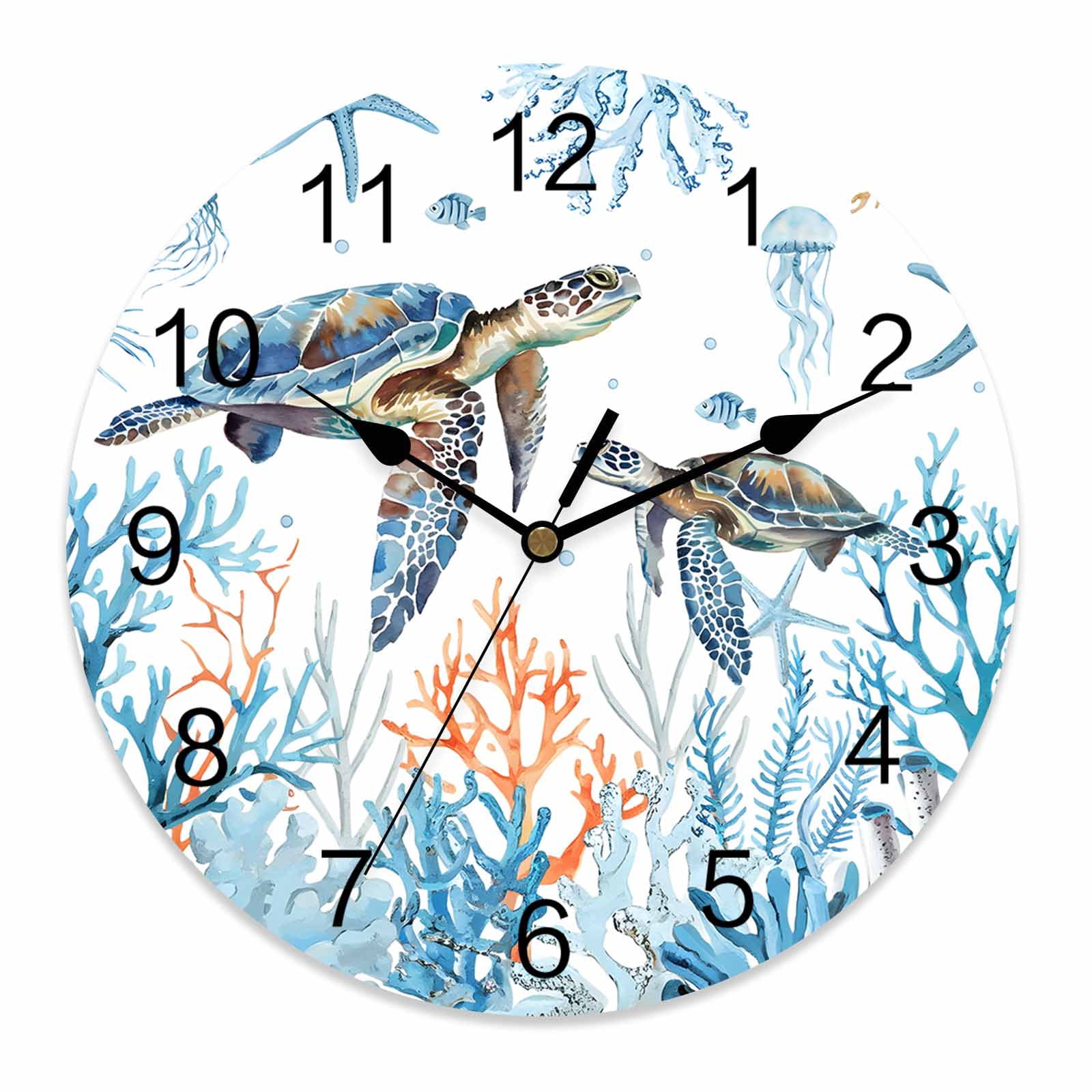 Silent Wall Clocks Battery Operated, Blue Coastal Ocean Round ...
