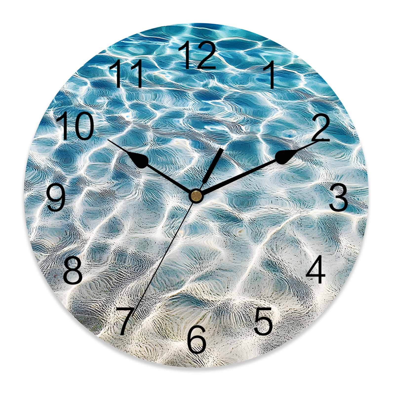 Silent Wall Clocks Battery Operated, Blue Coastal Ocean Round ...