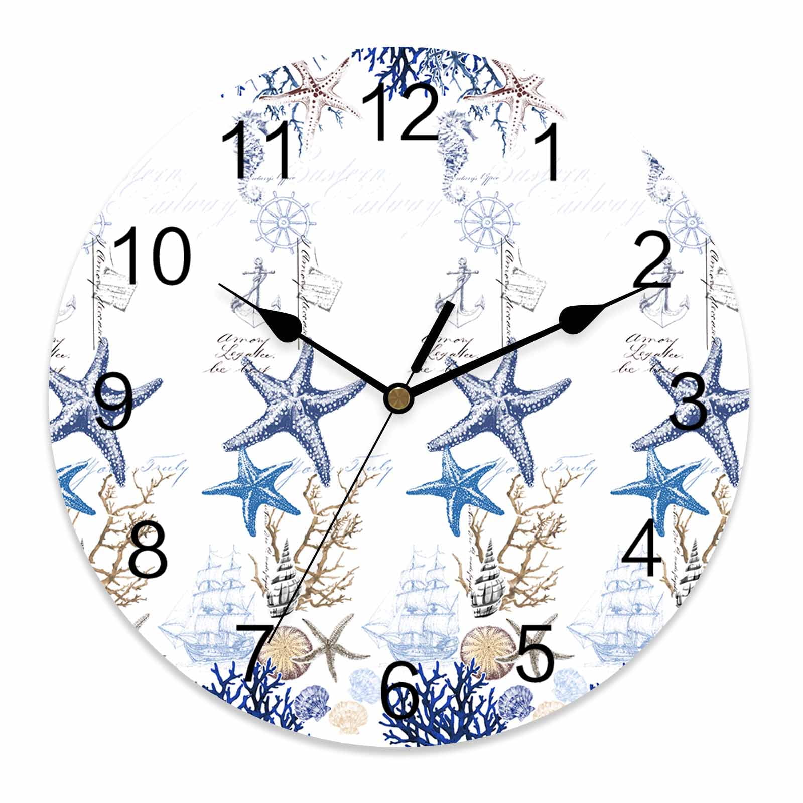 Silent Wall Clocks Battery Operated, Blue Coastal Starfish Round ...