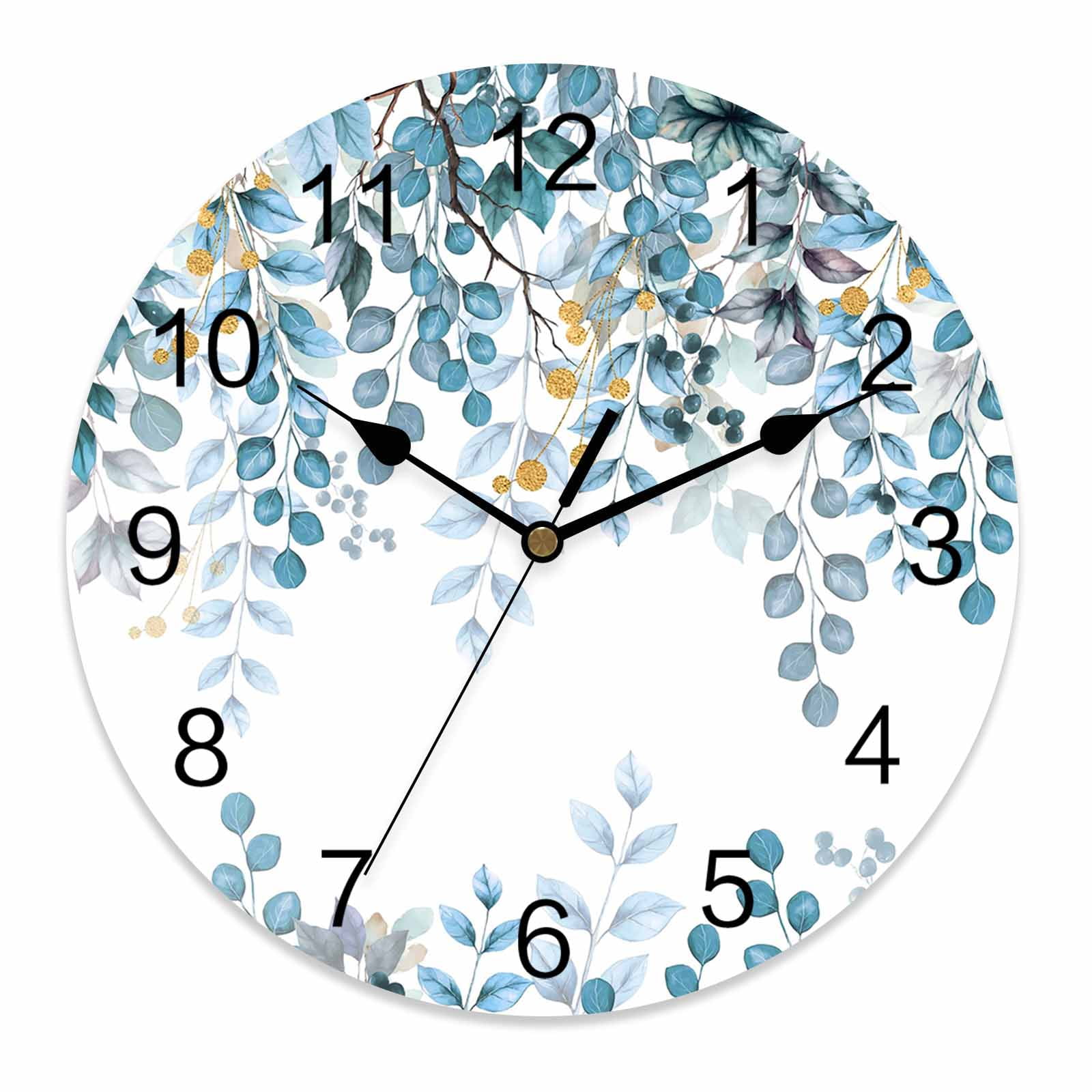 Silent Wall Clocks Battery Operated, Blue Eucalyptus Leaf Round ...