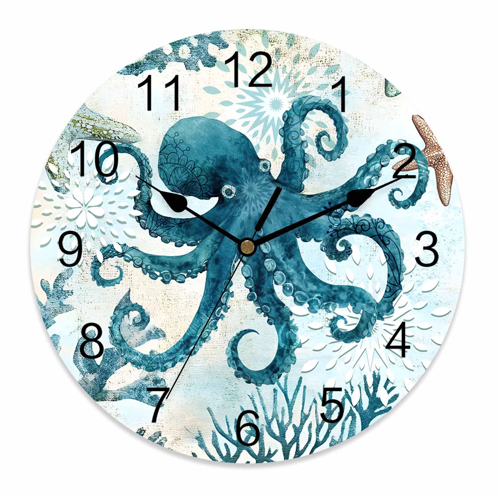 Silent Wall Clocks Battery Operated, Blue Octopus Starfish Round ...