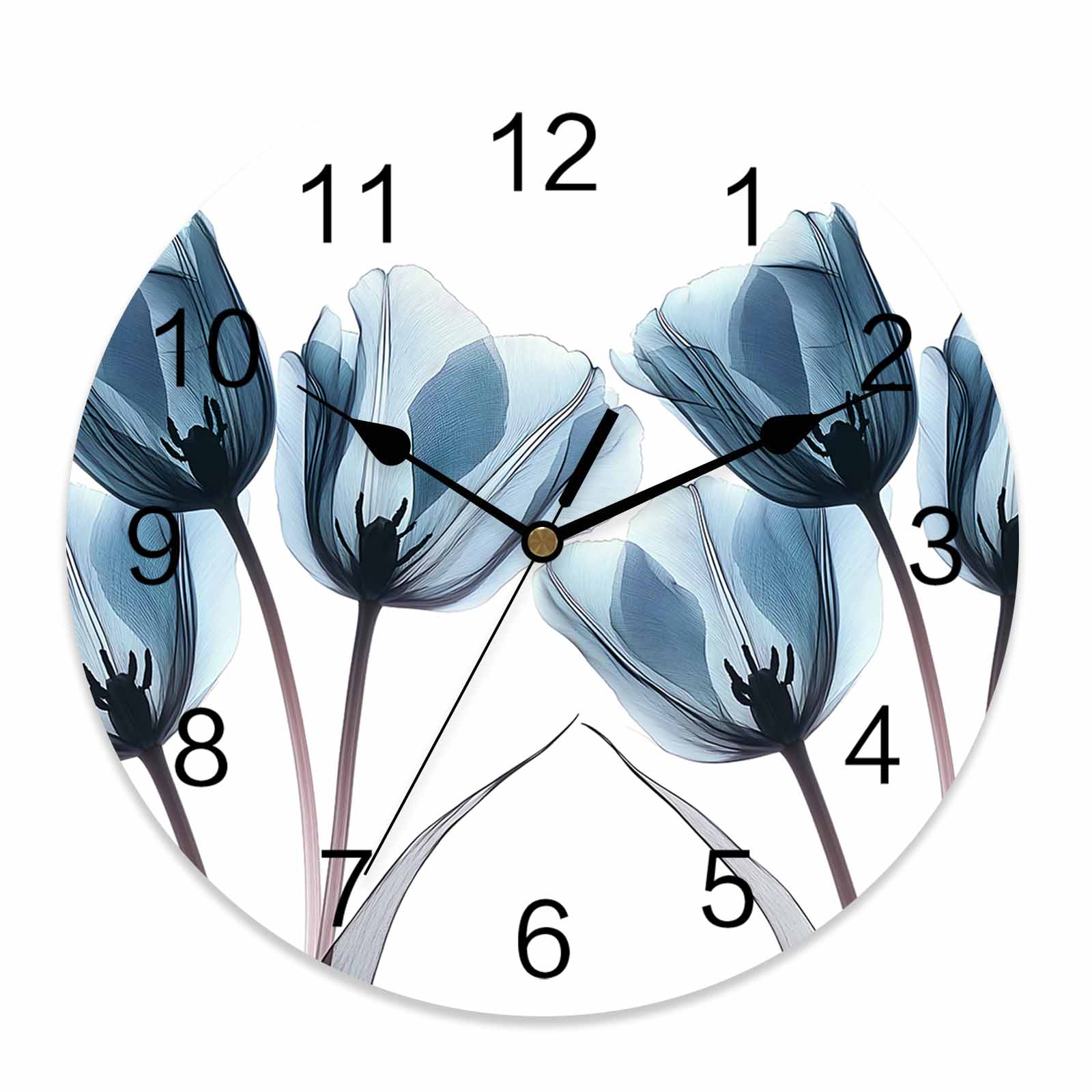Silent Wall Clocks Battery Operated, Blue Watercolor Tulip Floral Round ...