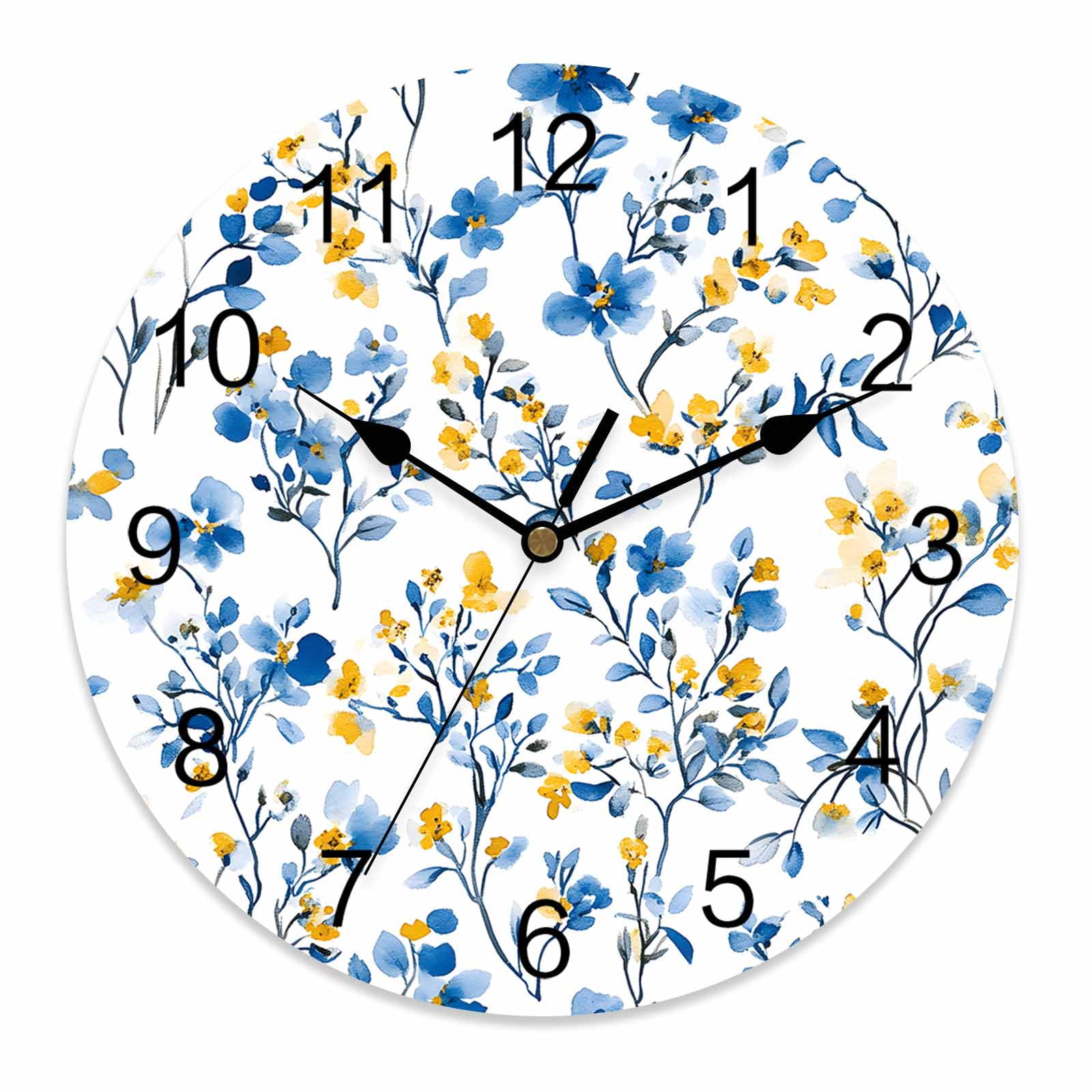 Silent Wall Clocks Battery Operated, Blue Yellow Florl Print Round ...