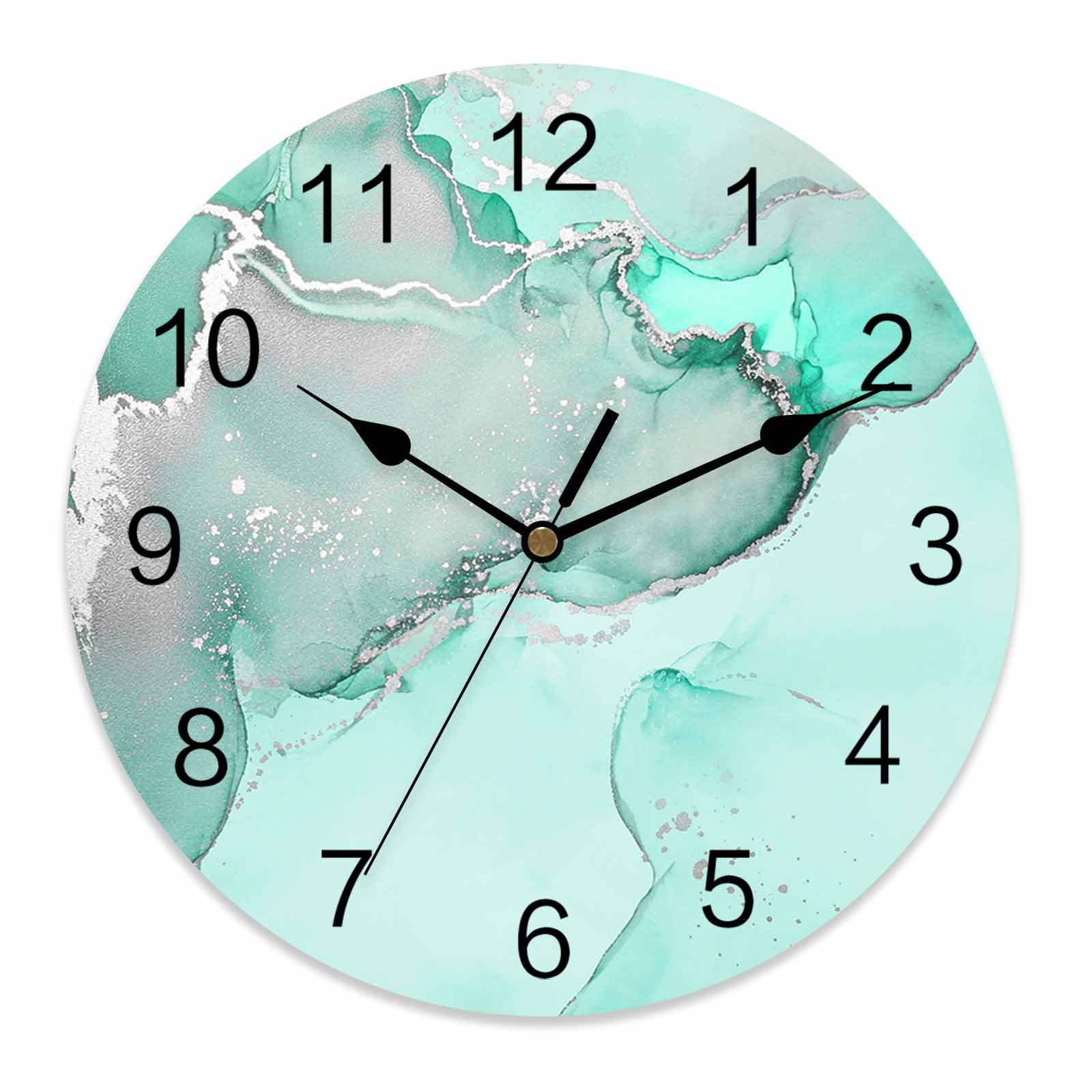 Silent Wall Clocks Battery Operated, Bright Teal Marble Textured Round ...