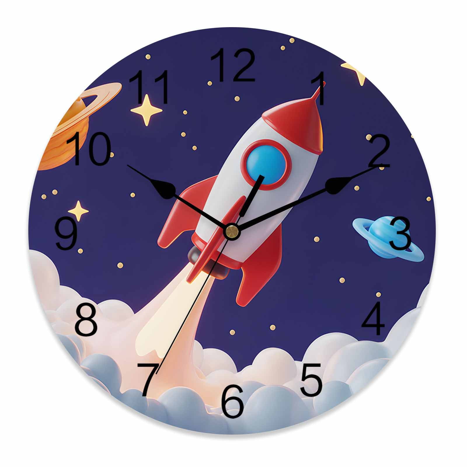 Silent Wall Clocks Battery Operated, Cartoon Navy Blue Space Round ...