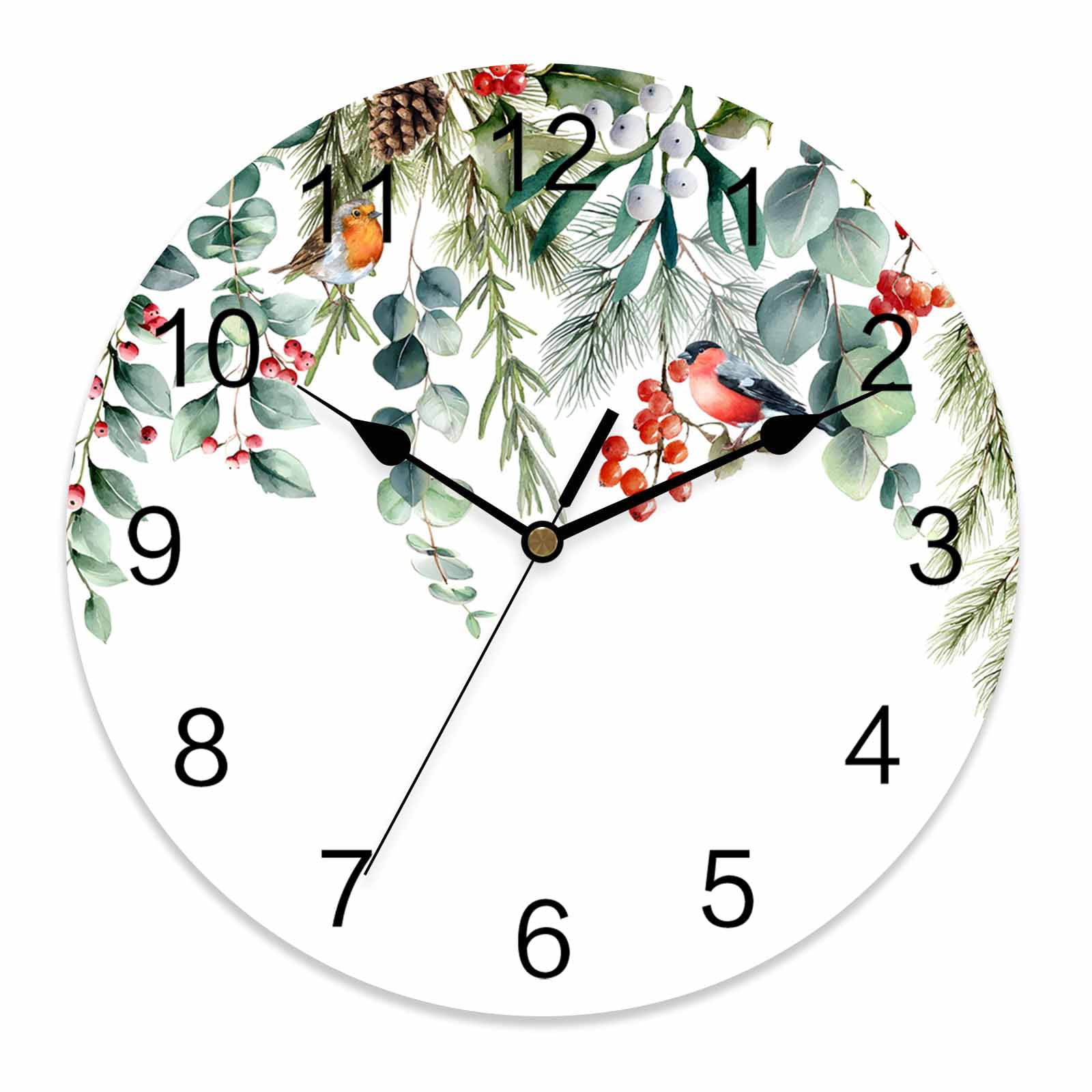 Silent Wall Clocks Battery Operated, Christmas Eucalyptus Leaves Round ...