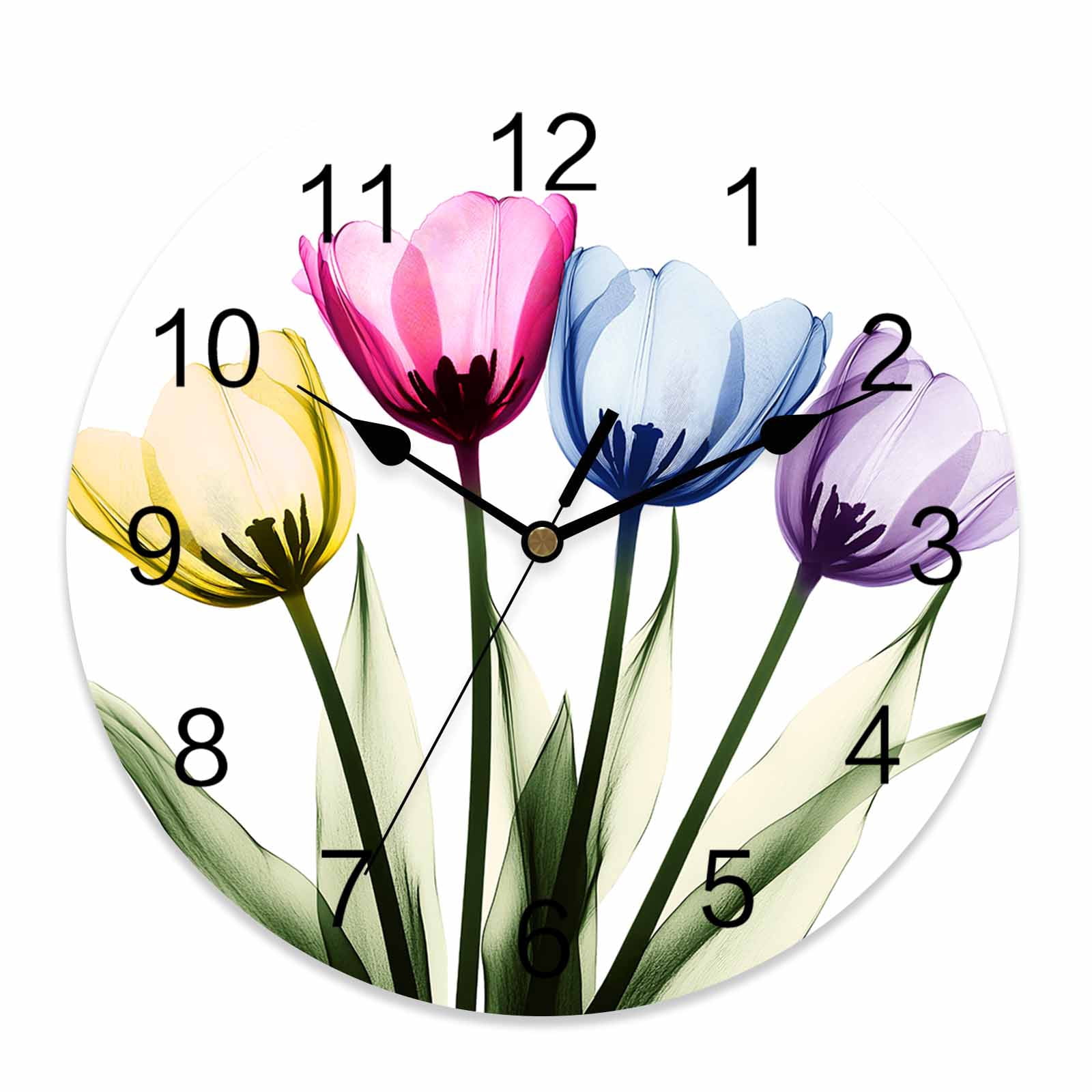 Silent Wall Clocks Battery Operated, Colorful Tulip Floral Round ...