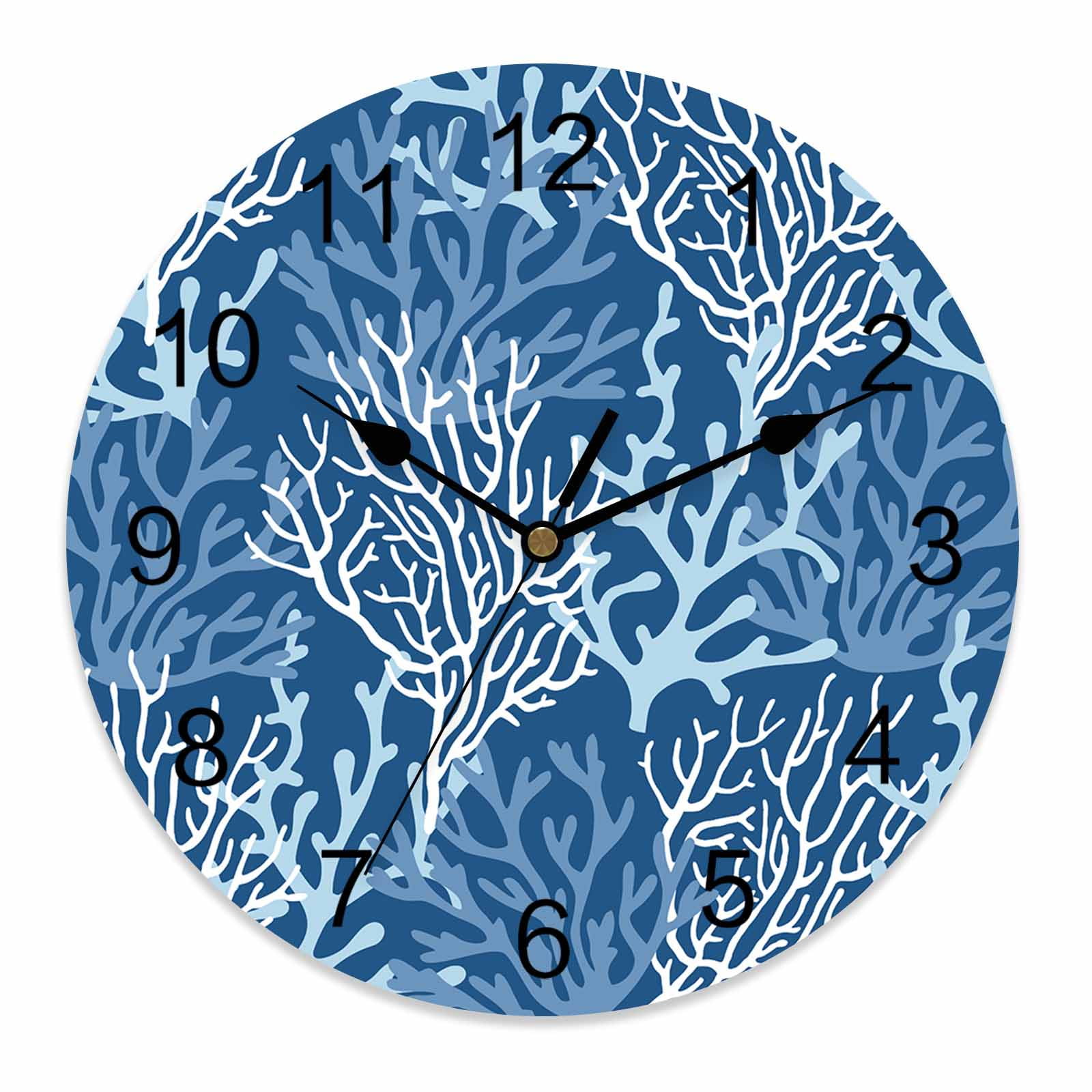 Silent Wall Clocks Battery Operated, Dark Blue Coral Pattern Round ...