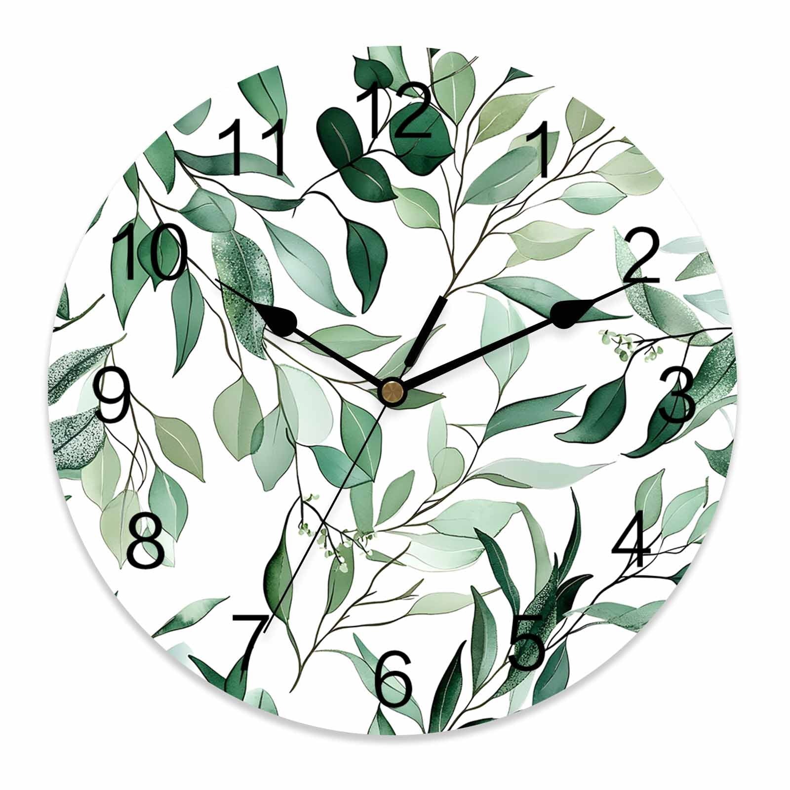 Silent Wall Clocks Battery Operated, Green Eucalyptus Leaves Round ...