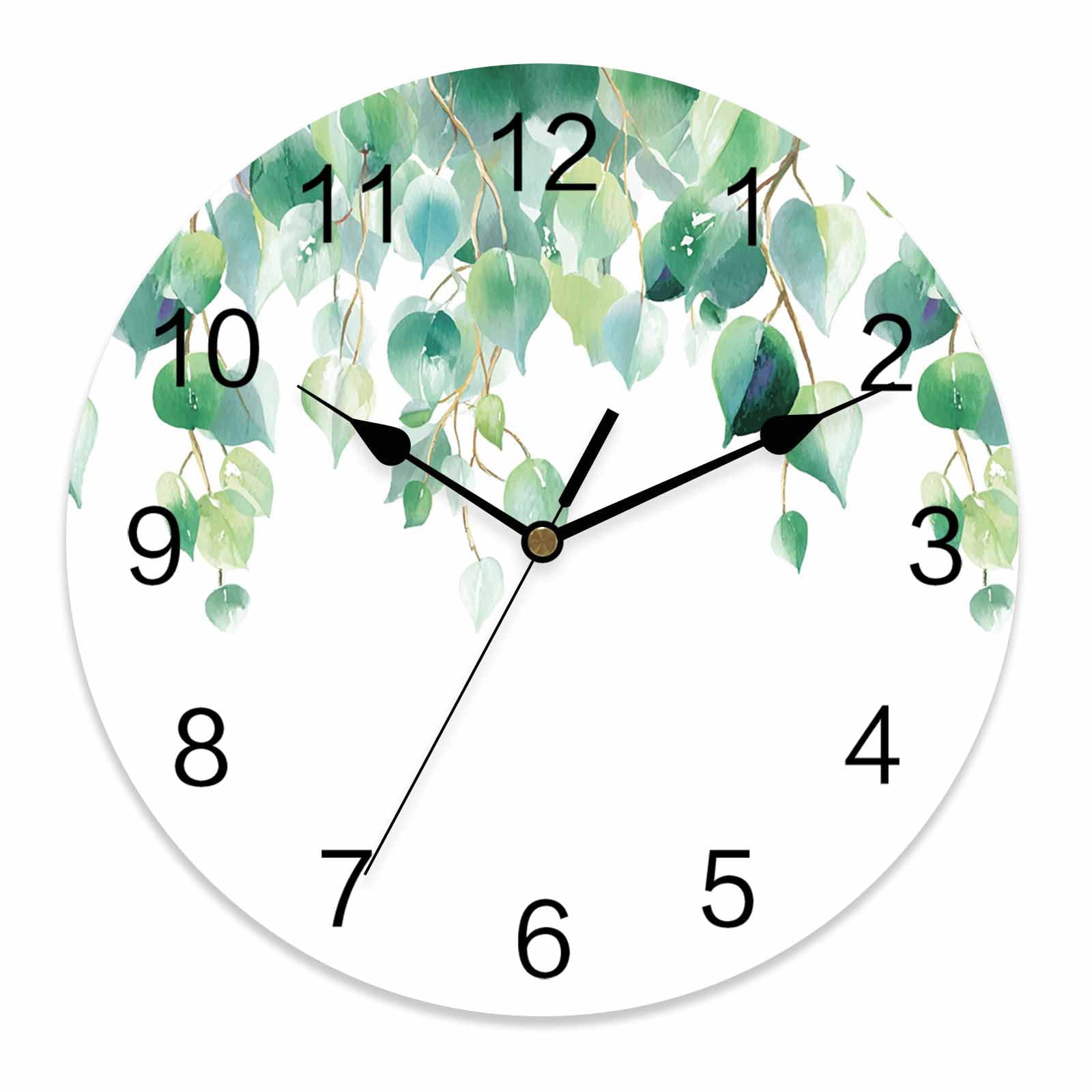 Silent Wall Clocks Battery Operated, Green Eucalyptus Leaves Round ...