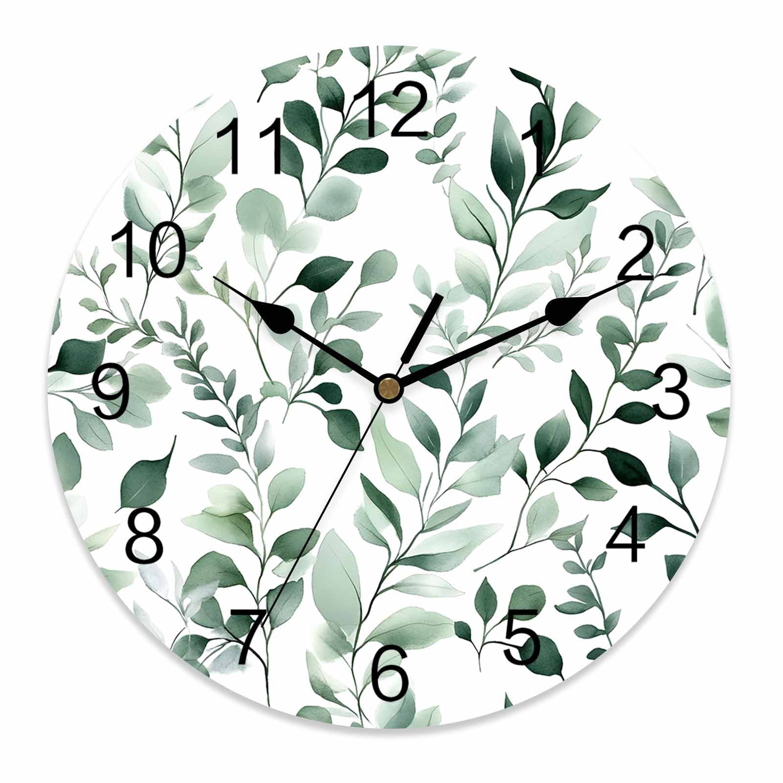 Silent Wall Clocks Battery Operated, Green Eucalyptus Round Decorative ...