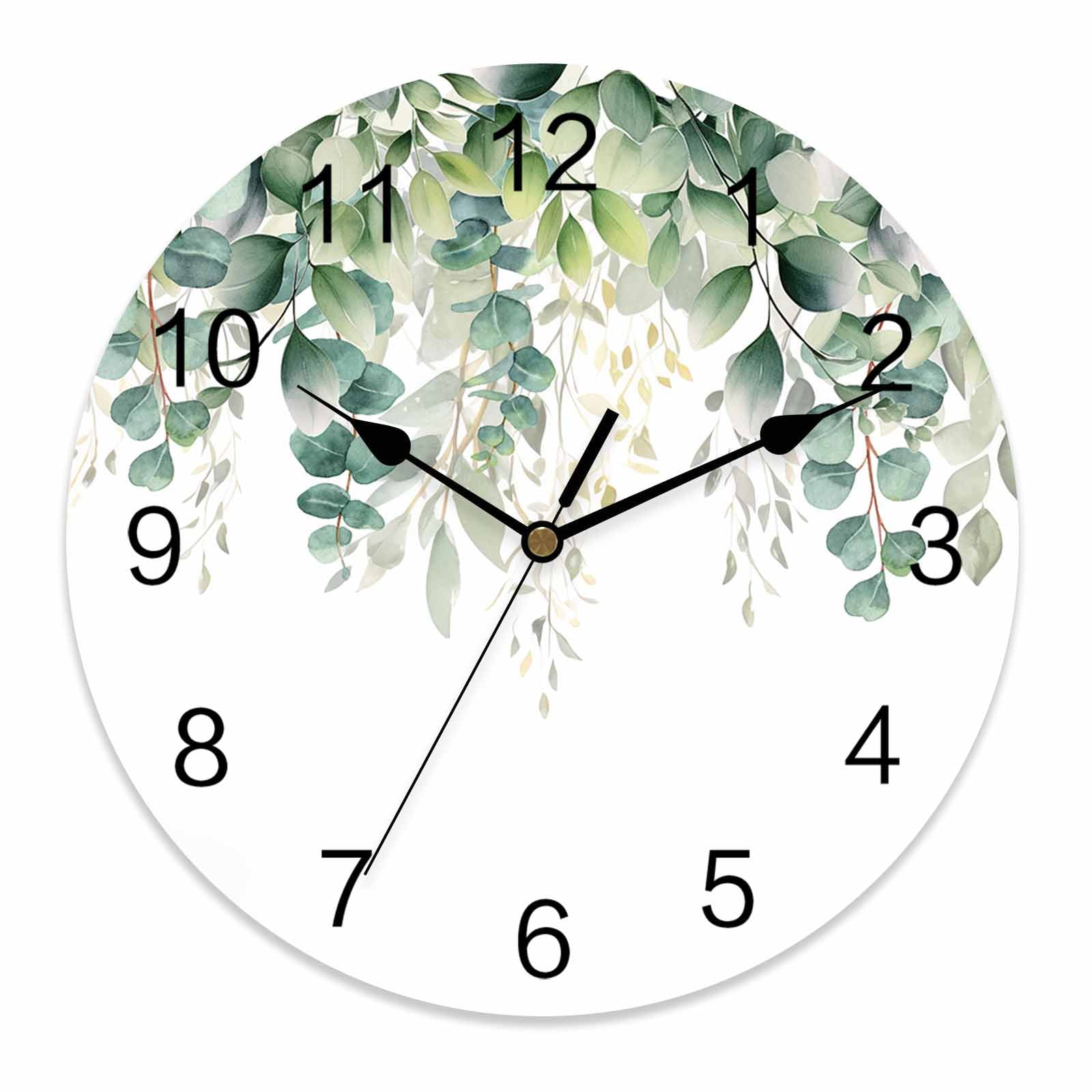 Silent Wall Clocks Battery Operated, Green Floral Eucalyptus Round ...