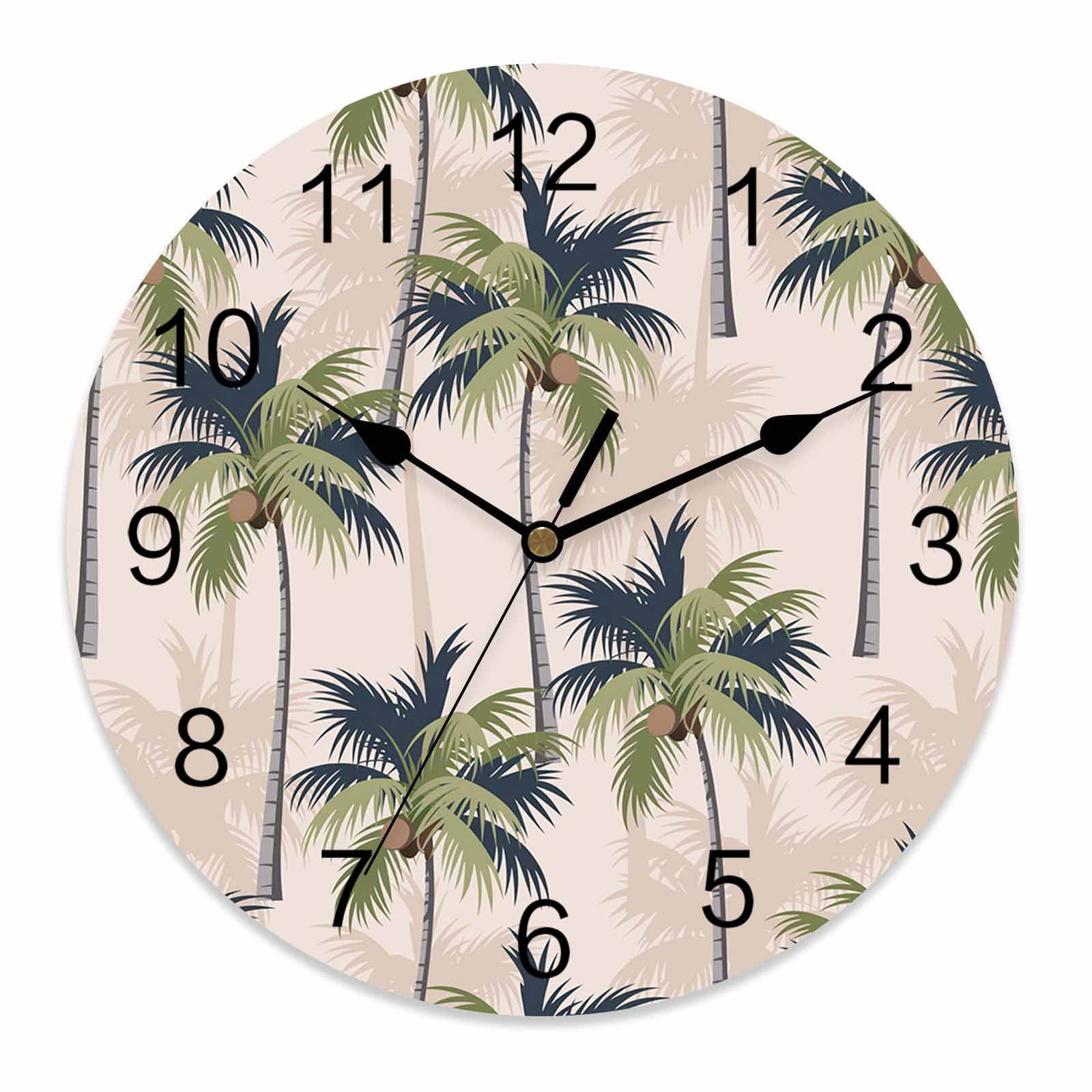 Silent Wall Clocks Battery Operated, Green Tropical Coconut Tree Round ...