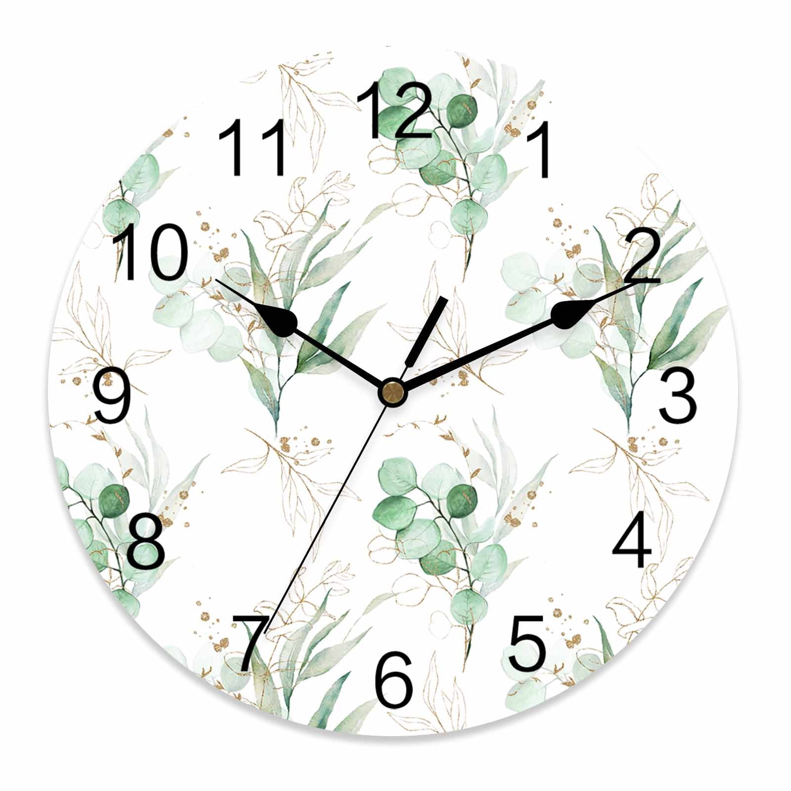 Silent Wall Clocks Battery Operated, Green Watercolor Eucalyptus Leaf ...