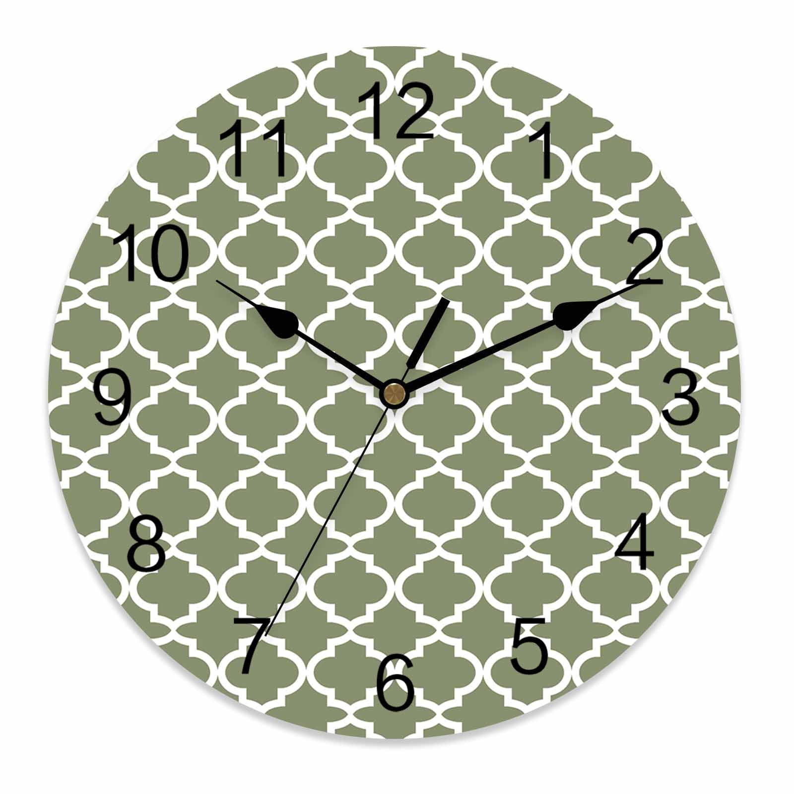 Silent Wall Clocks Battery Operated, Moss Green White Geometric Round ...