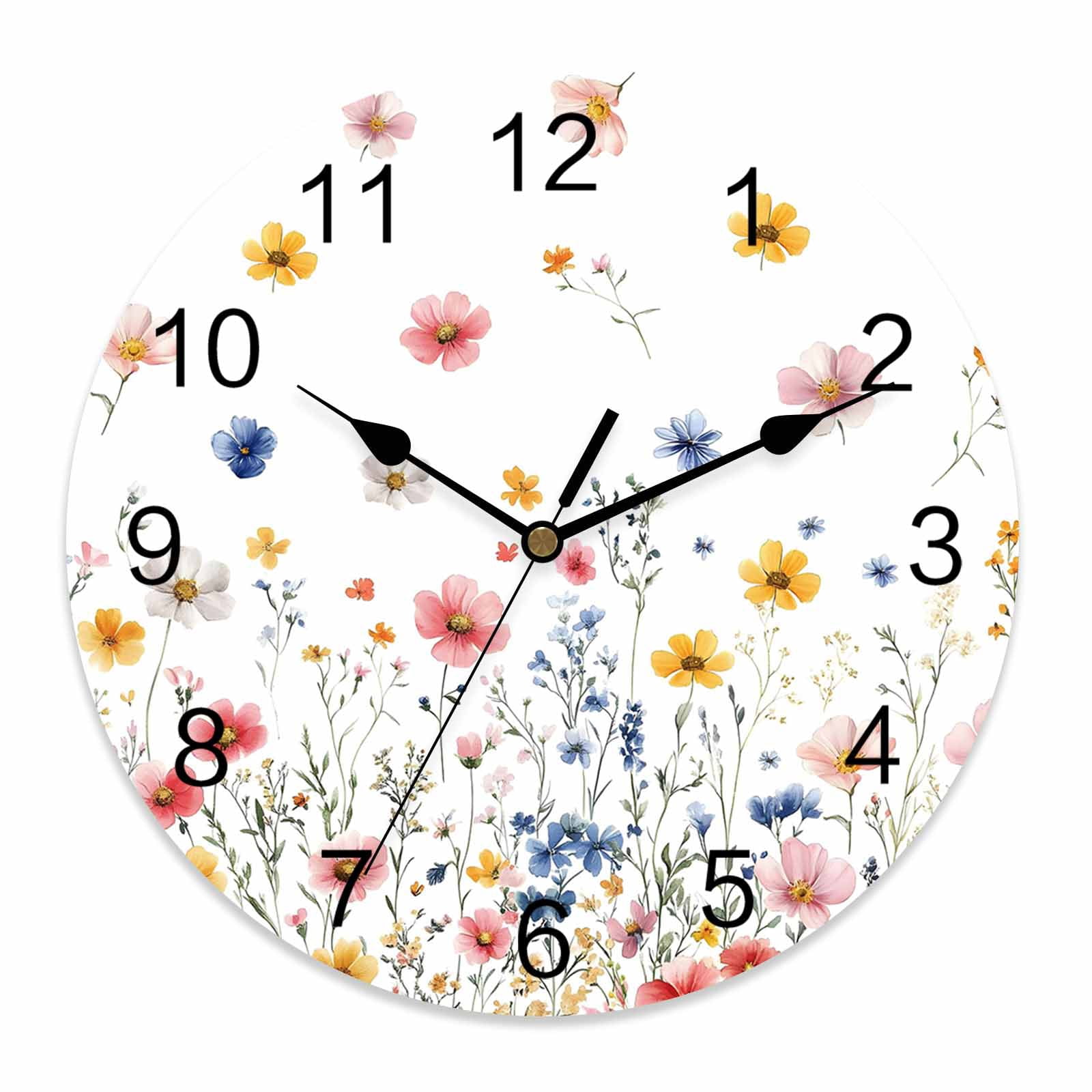Silent Wall Clocks Battery Operated, Multicolor Watercolor Floral Round ...
