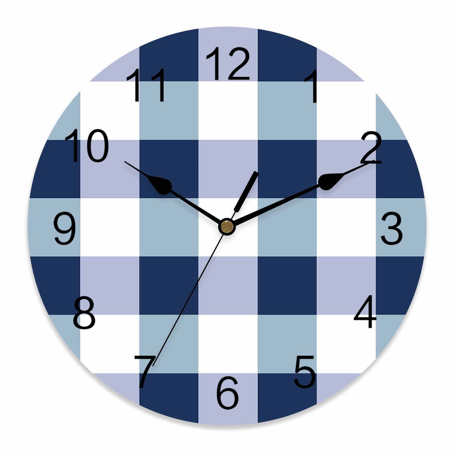 Silent Wall Clocks Battery Operated, Navy Blue White Plaid Round ...