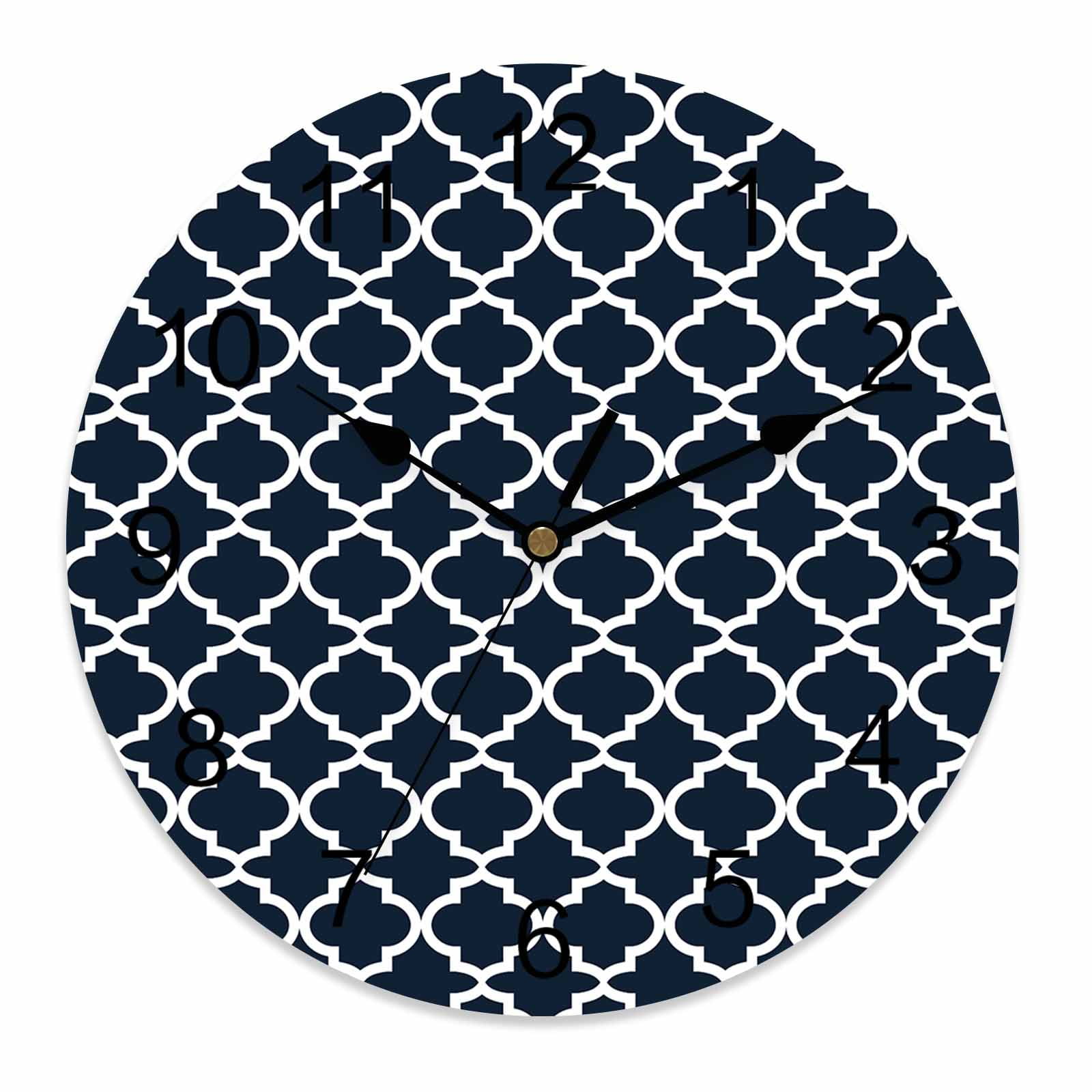 Silent Wall Clocks Battery Operated, Navy White Geometric Round ...