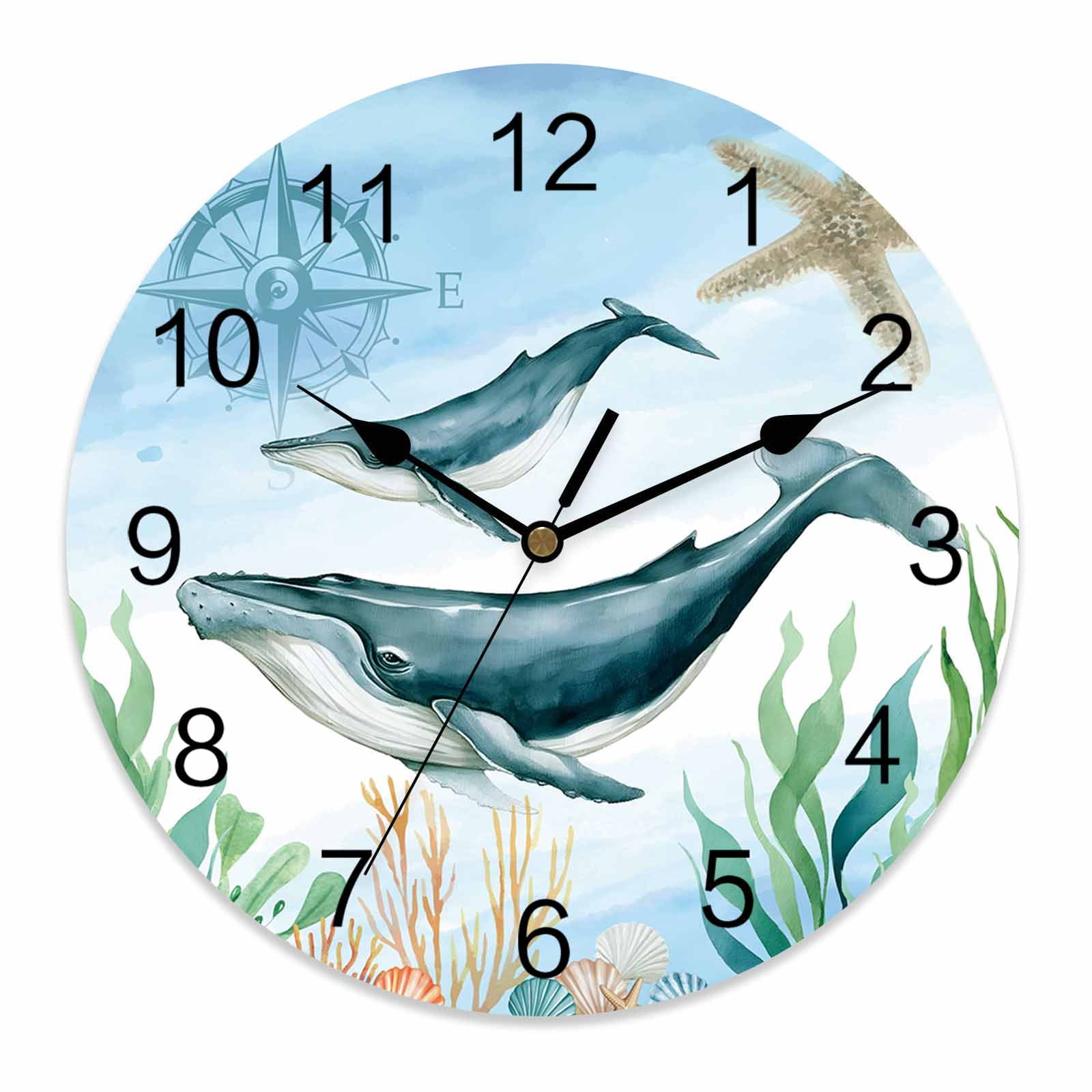 Silent Wall Clocks Battery Operated, Ocean Whale Compass Round ...