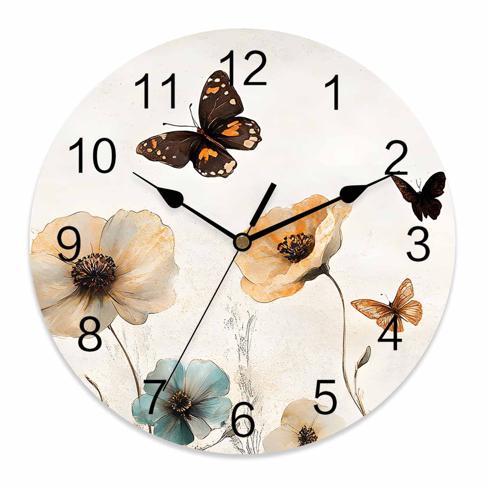 Silent Wall Clocks Battery Operated, Orange Blue Poppies Round ...
