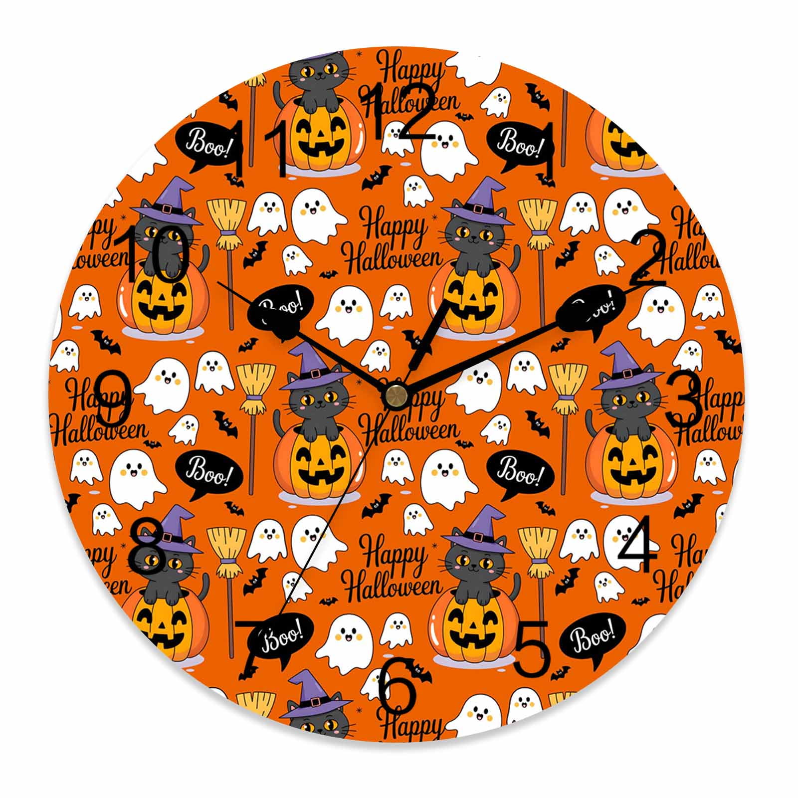 Silent Wall Clocks Battery Operated, Orange Boo Ghost Halloween Round ...